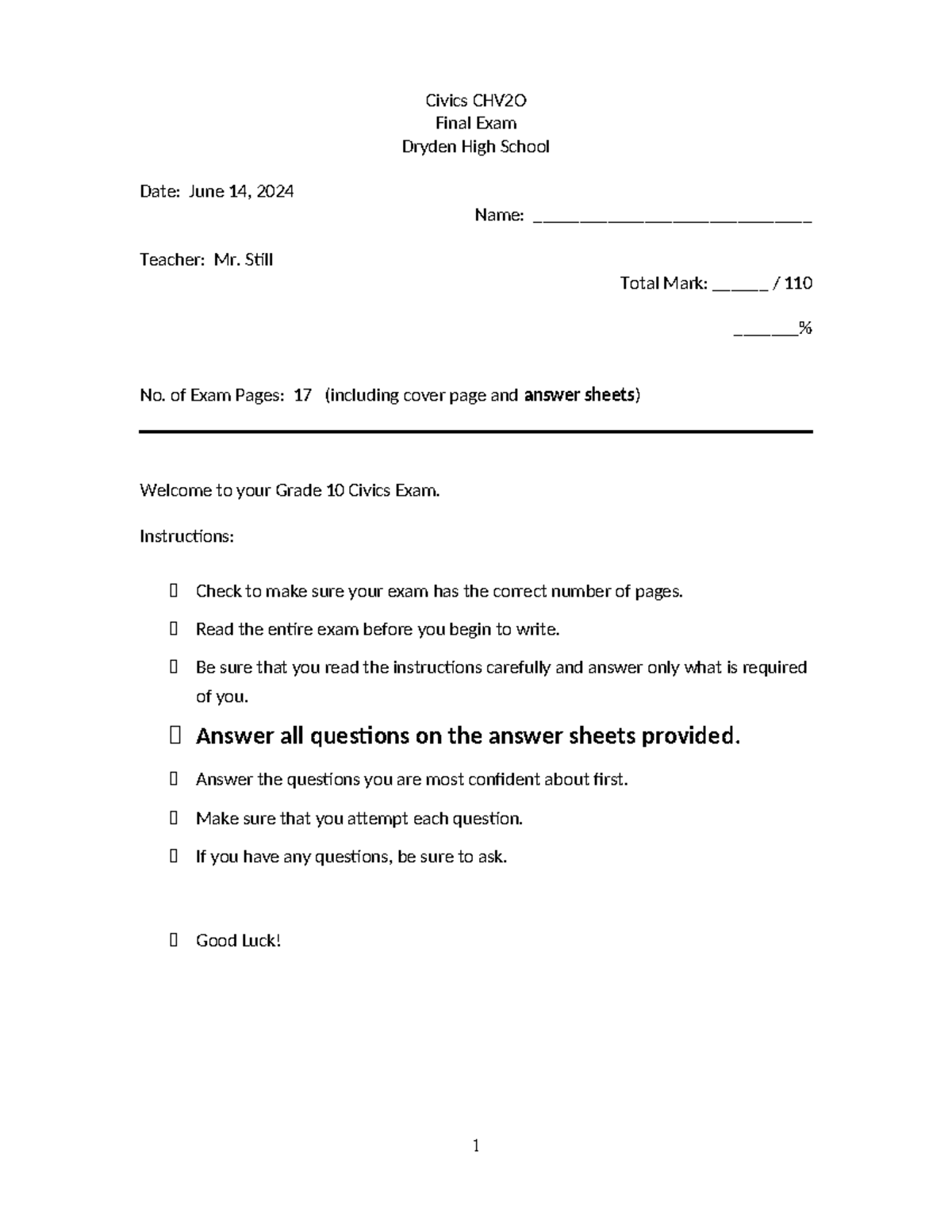 Civics June 2024 exam - End of term exam. - Civics CHV2O Final Exam ...