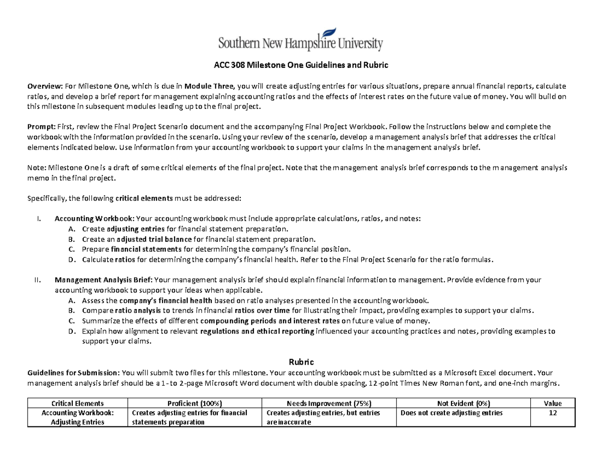 ACC 308 Milestone One Guidelines and Rubric - You will build on this ...