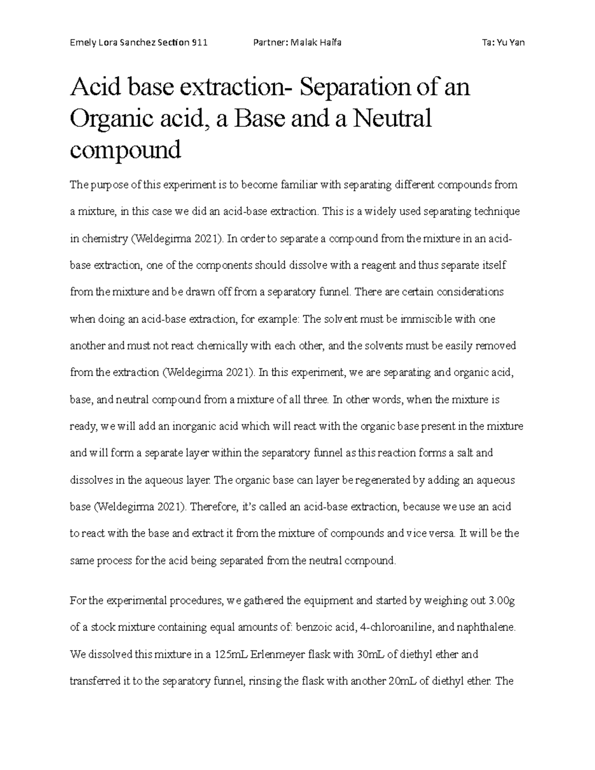 Acid-base Extraction: Separation of an organic base, acid and neutral ...