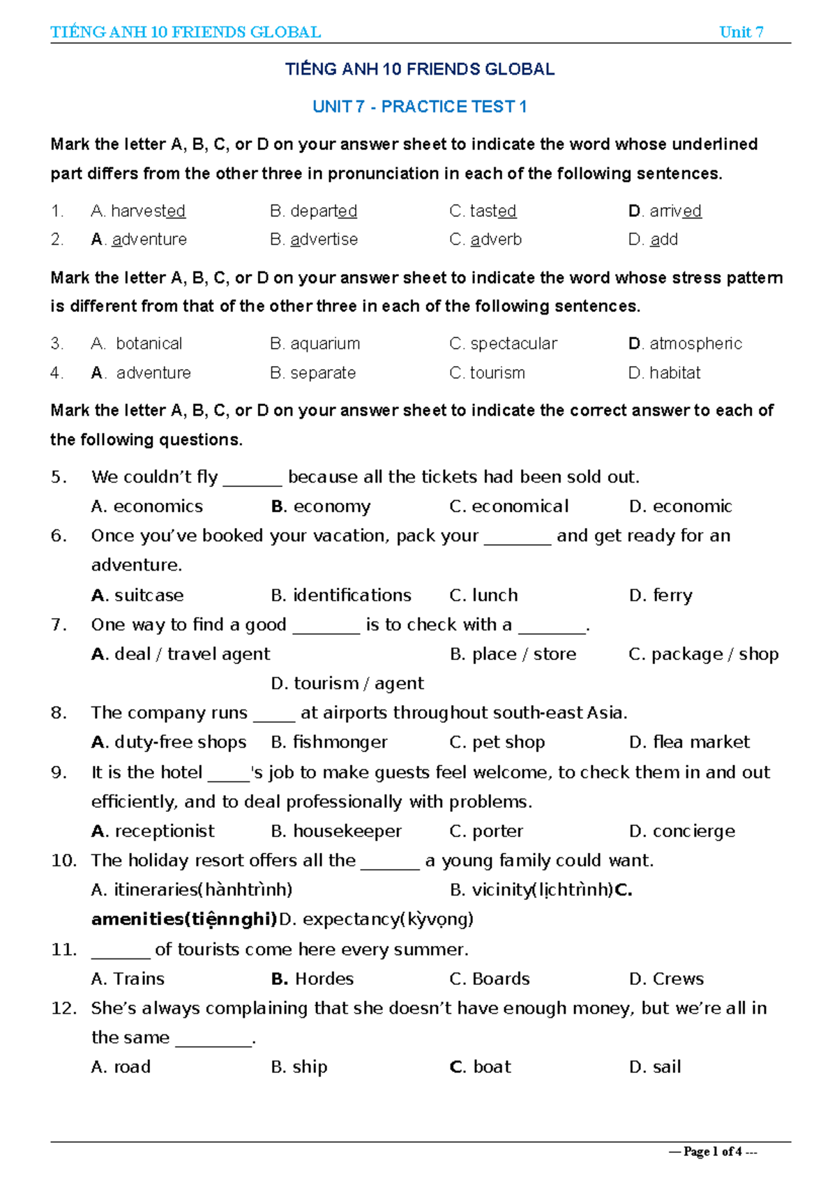 Key-Unit 7 - Test 1 - TIẾNG ANH 10 FRIENDS GLOBAL UNIT 7 - PRACTICE ...