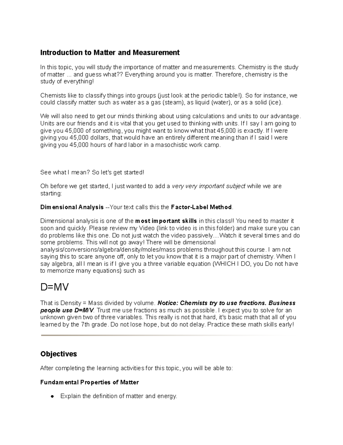 Week 1 Chapter 1 - Introduction to Matter and Measurement In this topic ...