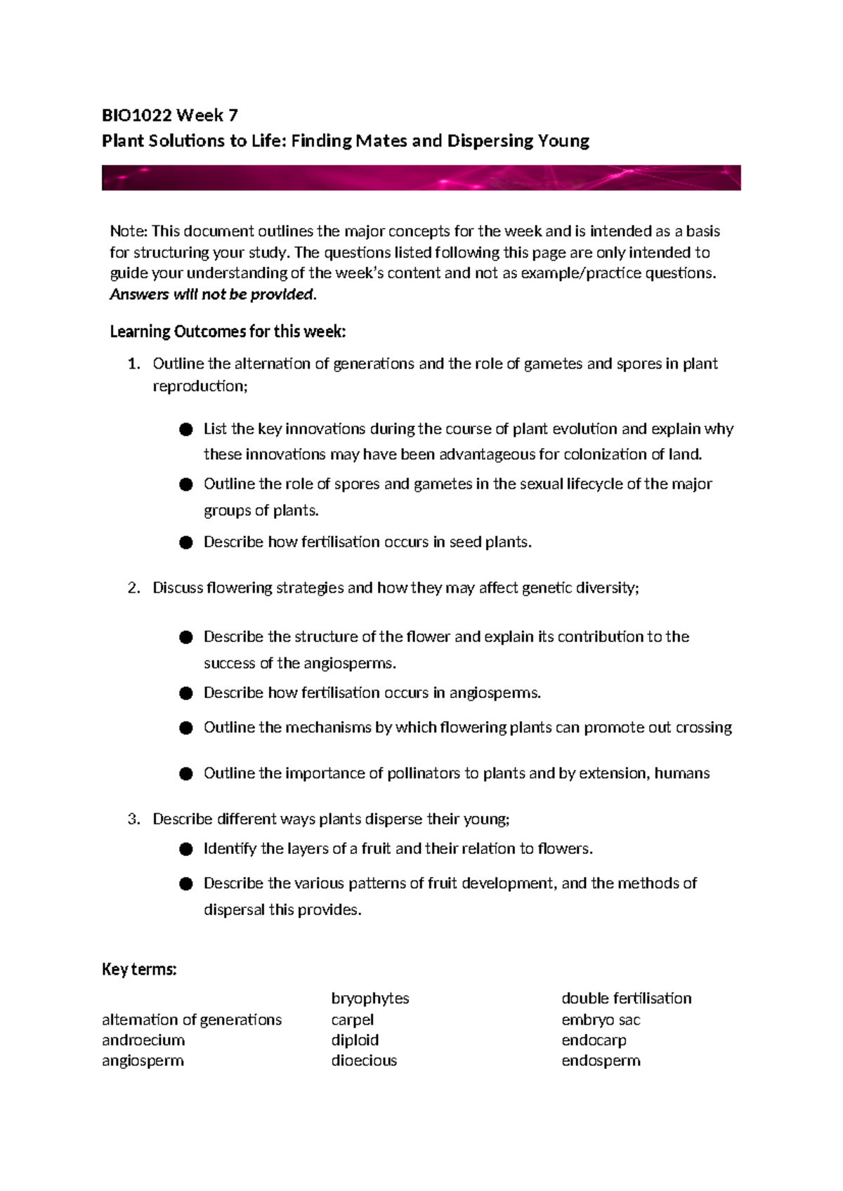 Week 7 Study Guide - BIO1022 Week 7 Plant Solutions to Life: Finding ...