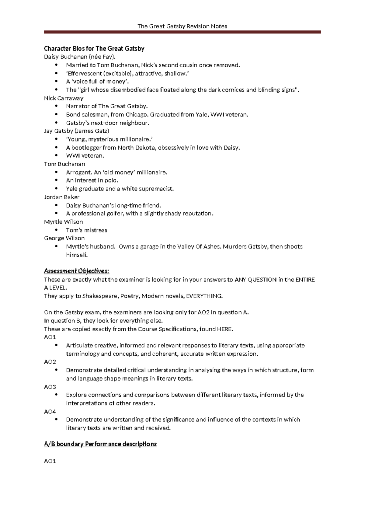 The Great Gatsby Revision Notes - Character Bios for The Great Gatsby ...