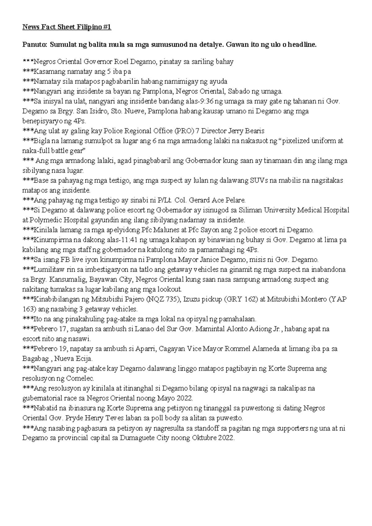 637211490 Fact sheets 1 - News Fact Sheet Filipino # Panuto: Sumulat ng ...