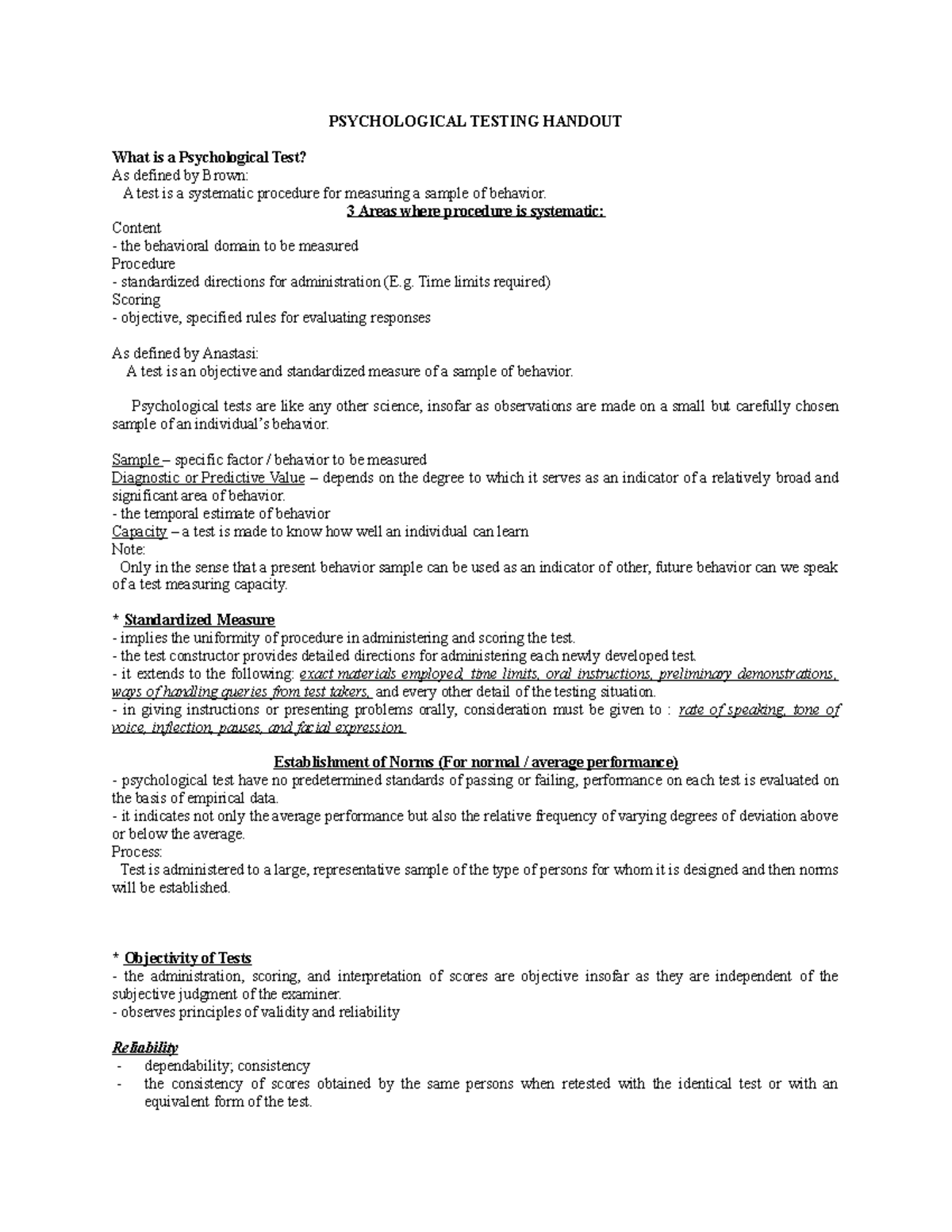 CHAP1 Testing - PSYCHOLOGICAL TESTING HANDOUT What is a Psychological ...