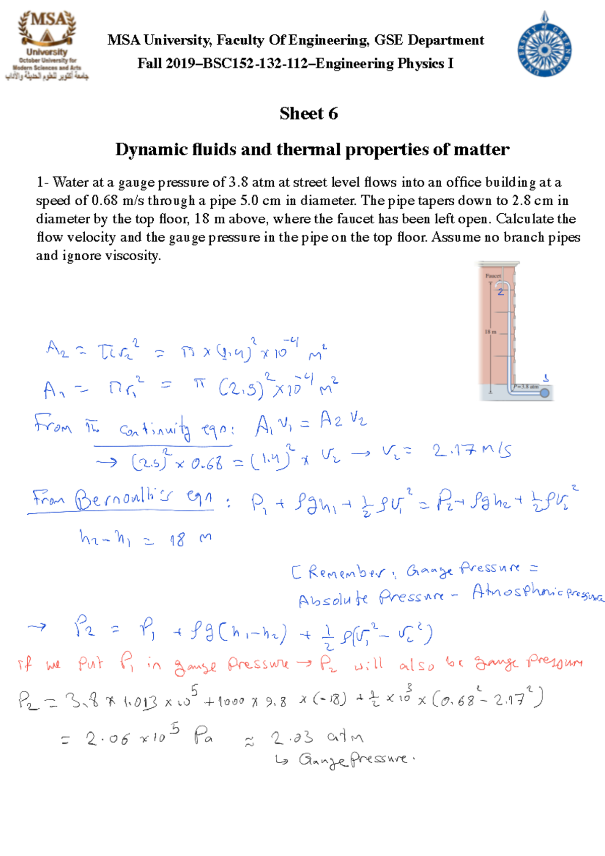 Sheet 6 - Fall 2019 - Sheet 6 Dynamic fluids and thermal properties of ...