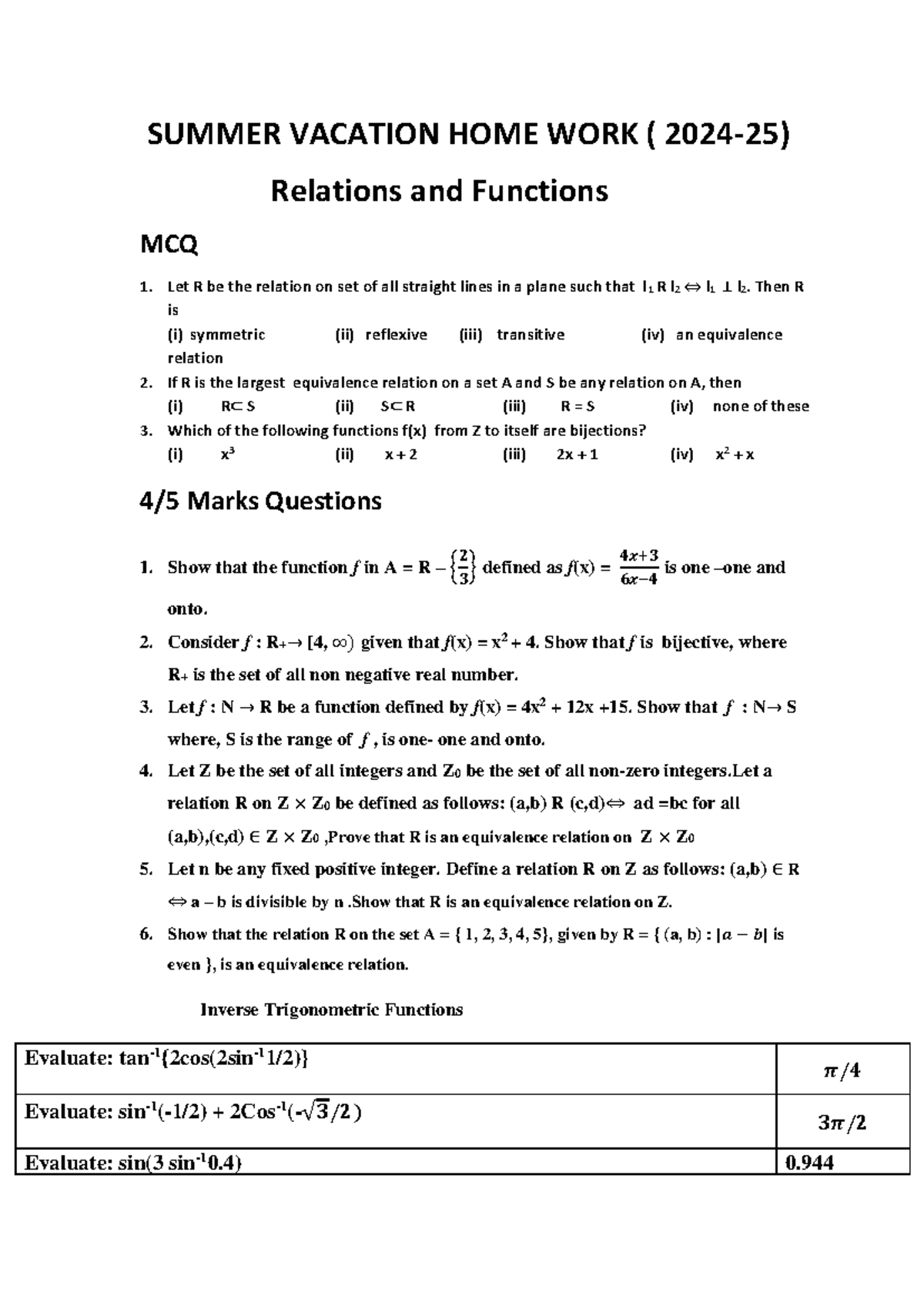 Summer Vacation Home Work - SUMMER VACATION HOME WORK ( 2024-25) Relations and Functions MCQ 1 ...