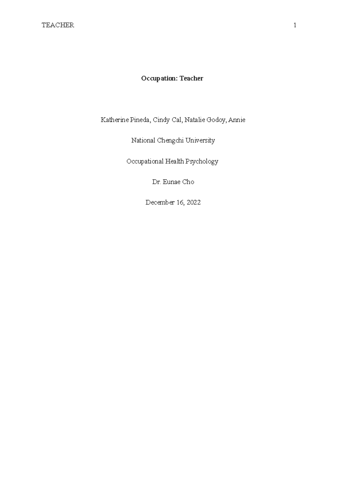 OHP Team Project 2 -Written Report - Team 3 - Occupation: Teacher ...