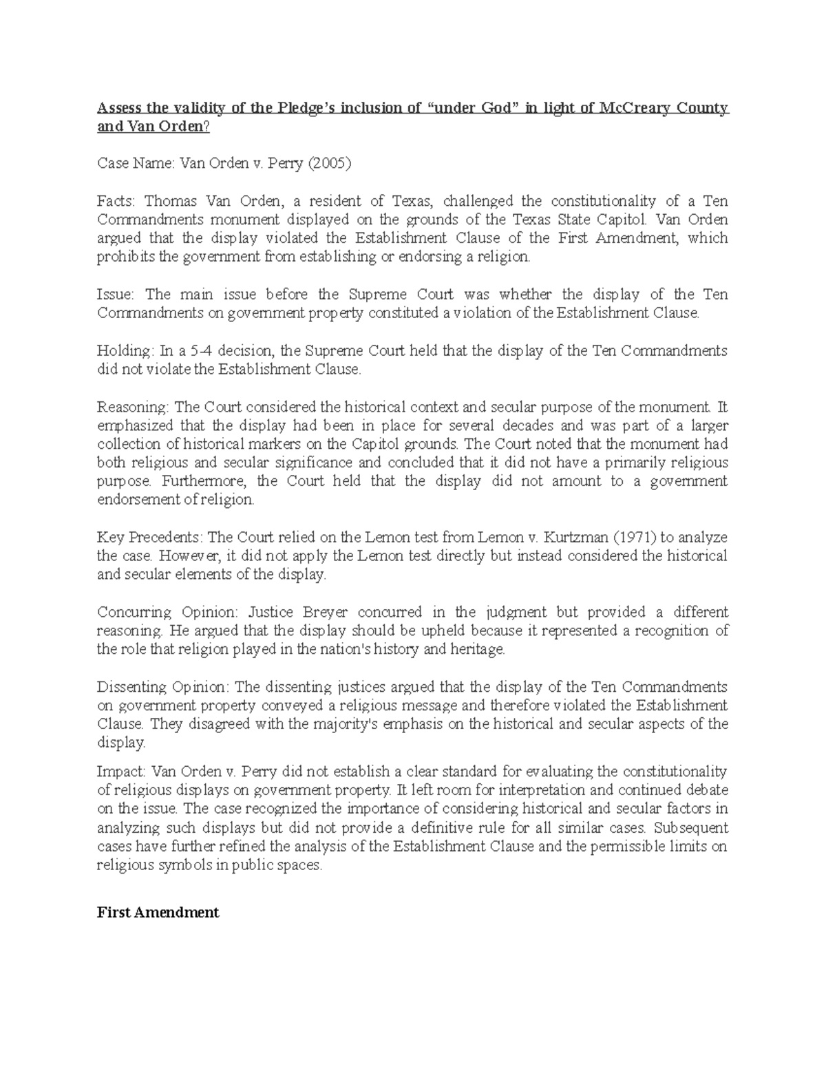 Week 11 DB Studico - Week 11 DB Constitutional Law - Assess the validity of the Pledge’s ...