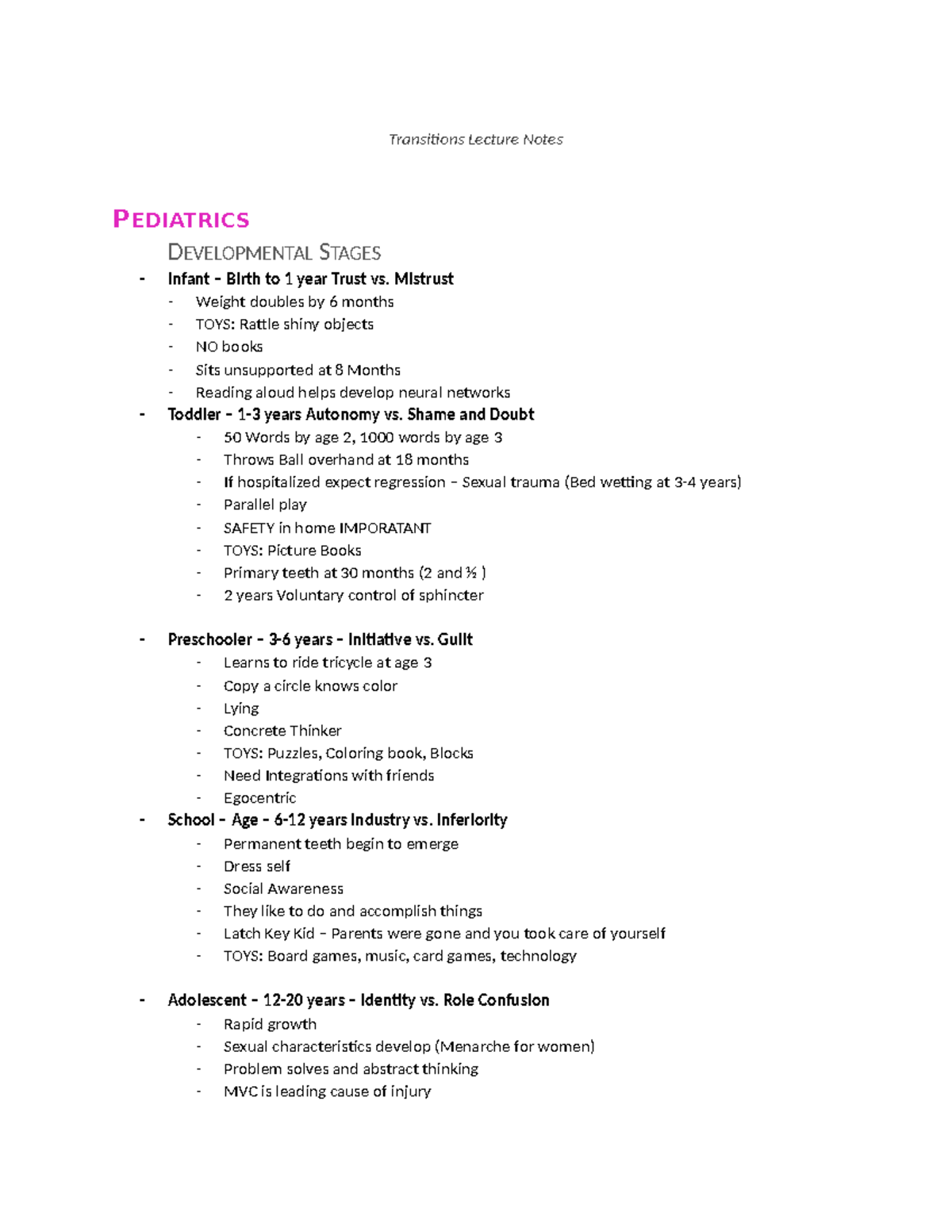 Transitions Lecture Notes May 24 - Transitions Lecture Notes PEDIATRICS ...
