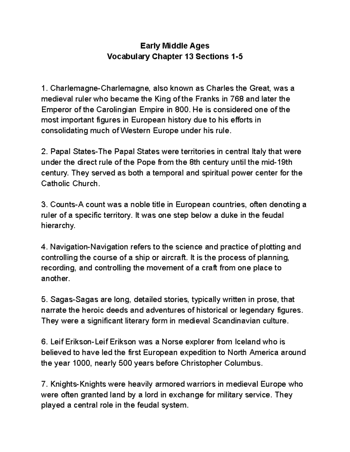 Early Middle Ages Vocabulary 1-5 - Early Middle Ages Vocabulary Chapter ...