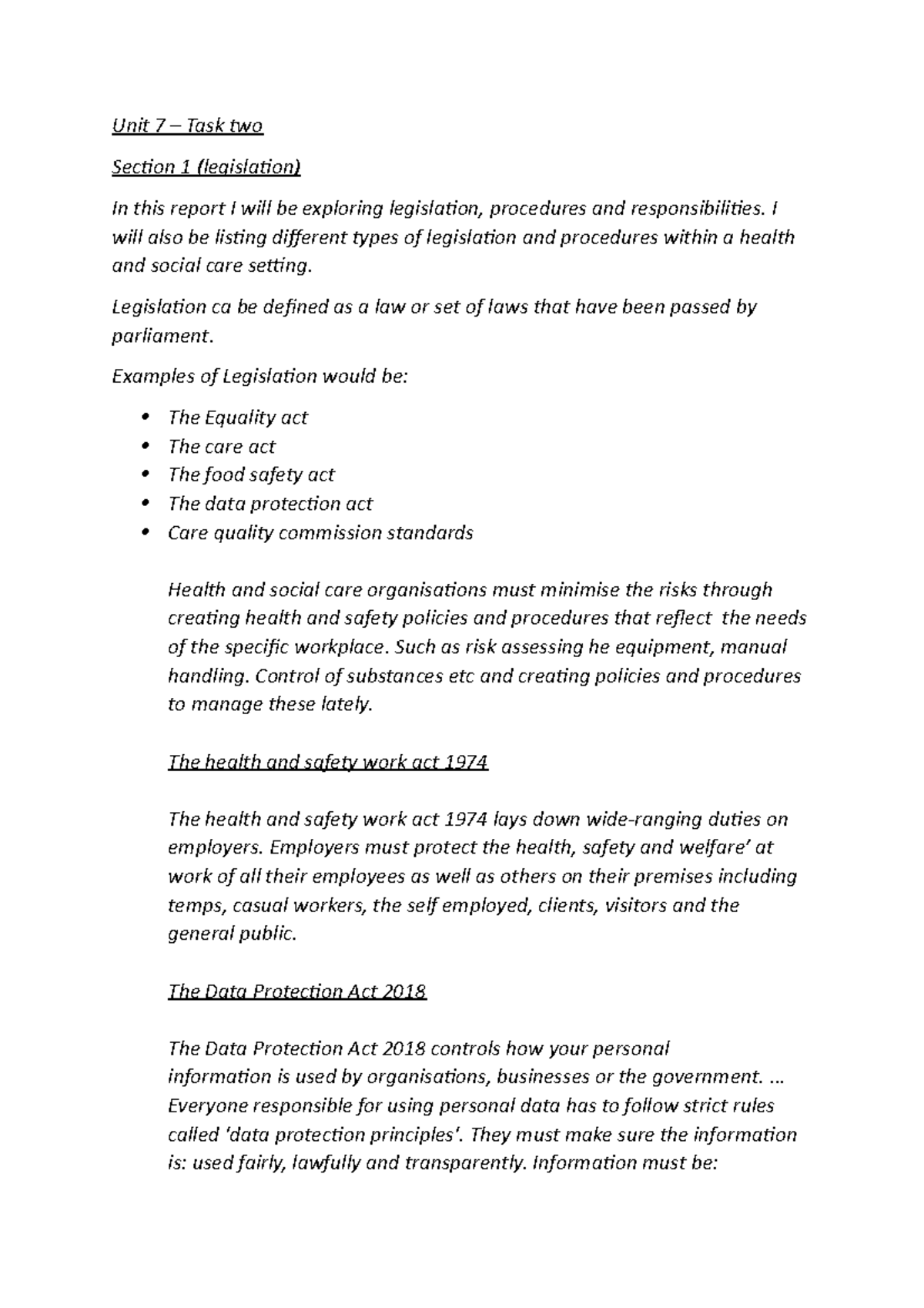 Unit 7 copy - Unit 7 – Task two Section 1 (legislation) In this report I will be exploring - Studocu