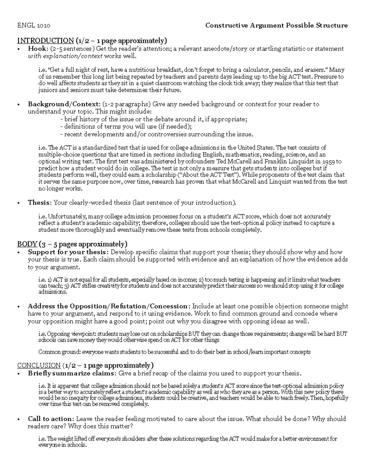 Possible Organizational Structure for Argument - ENGL 1010 Constructive ...