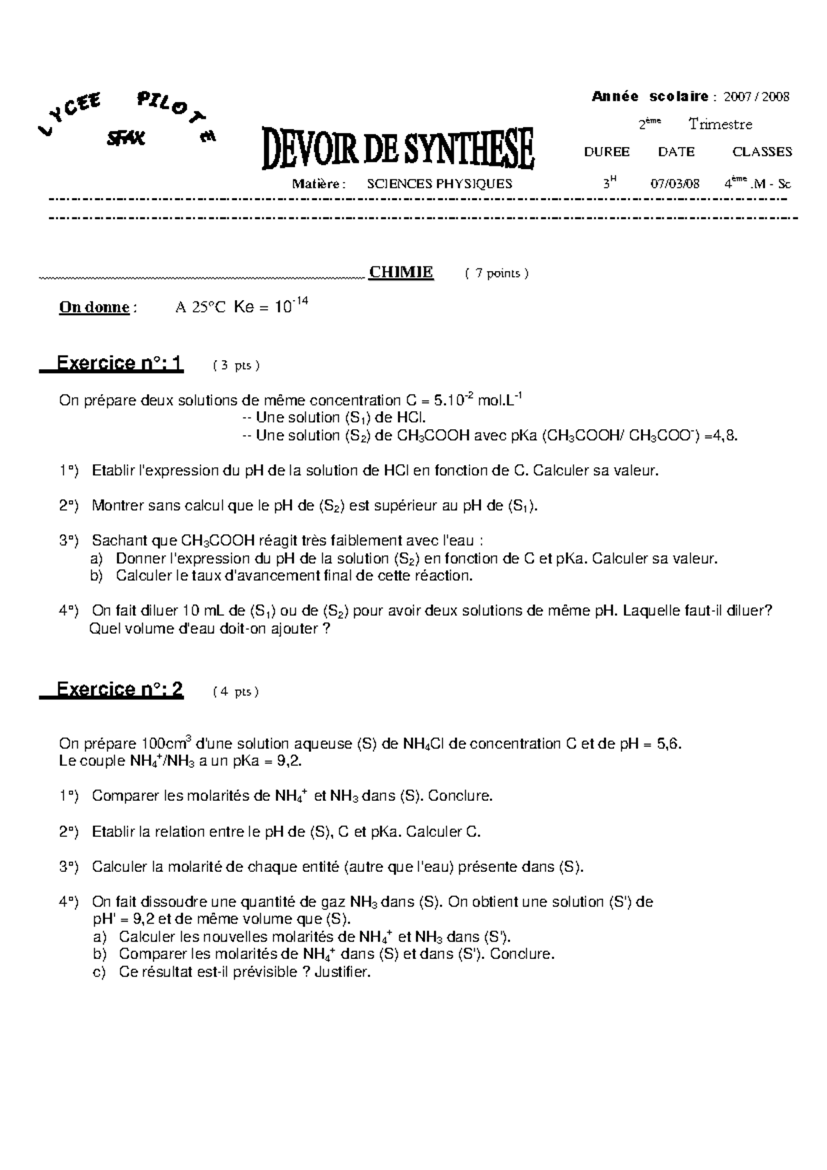 DS2 - math - Année scolaire : 2007 / 2008 2 ème Trimestre DU DURREEEE DADATTEE CCLLAASSSSEESS ...