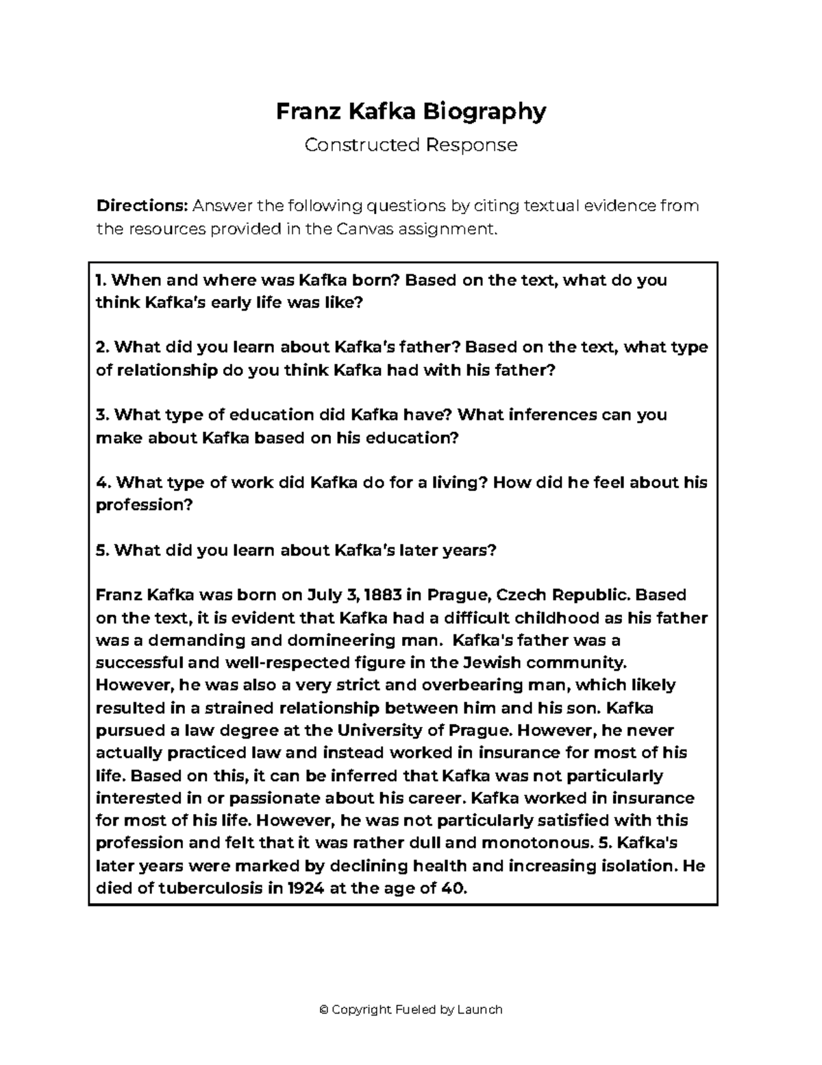 Copy of Constructed Response - Franz Kafka Biography - Franz Kafka ...