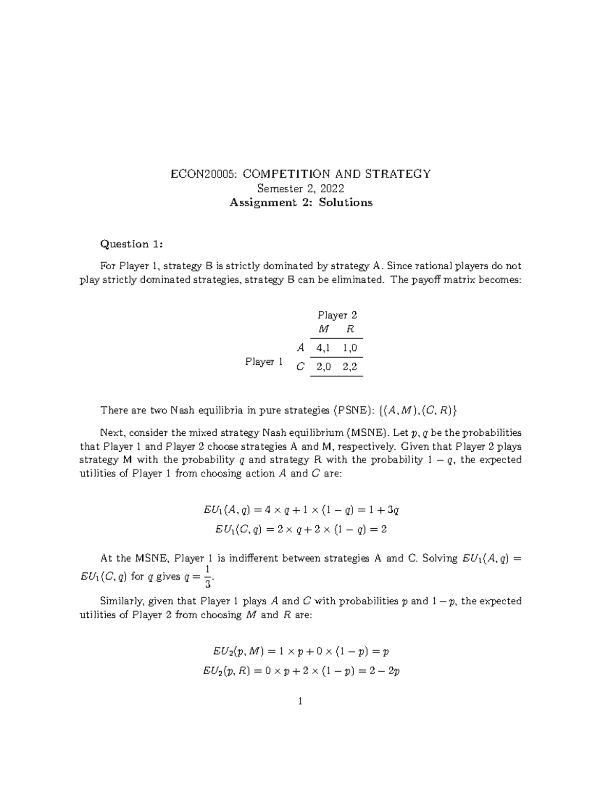 Assignment 2 Solutions - v3 - ECON20005: COMPETITION AND STRATEGY ...