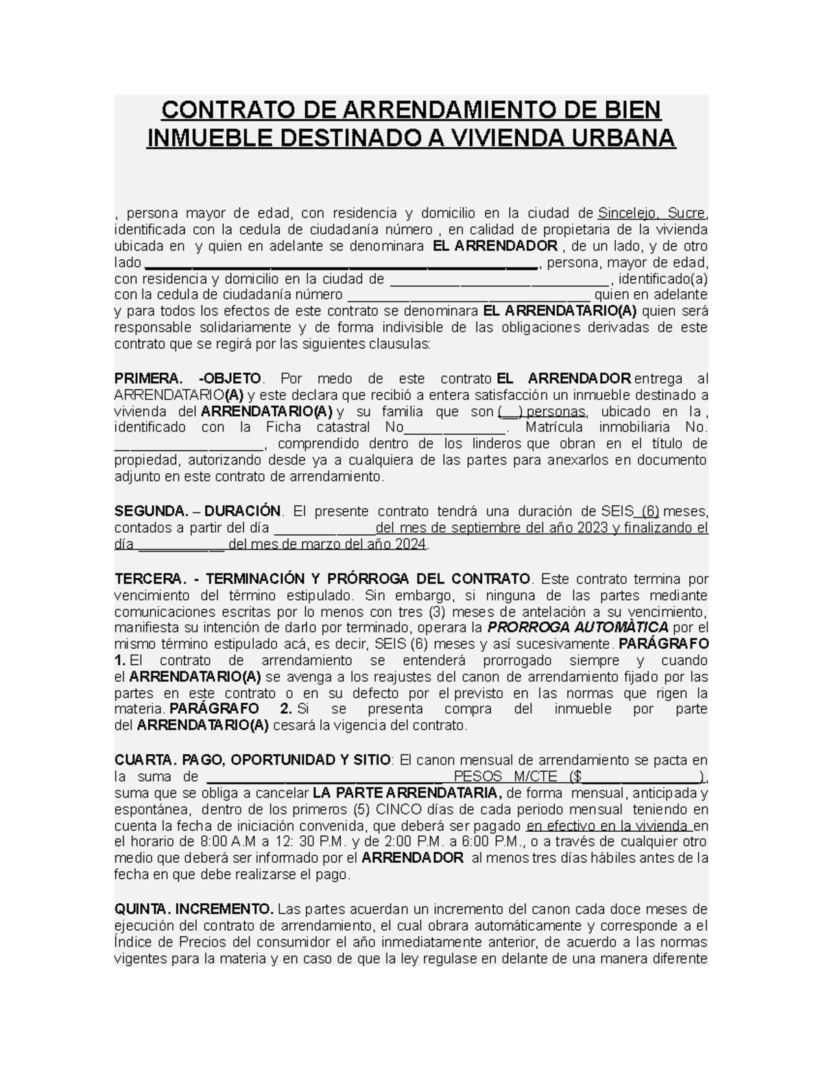 Contrato DE Arrendamiento DE BIEN Inmueble Destinado A Vivienda Urbana - CONTRATO DE ...