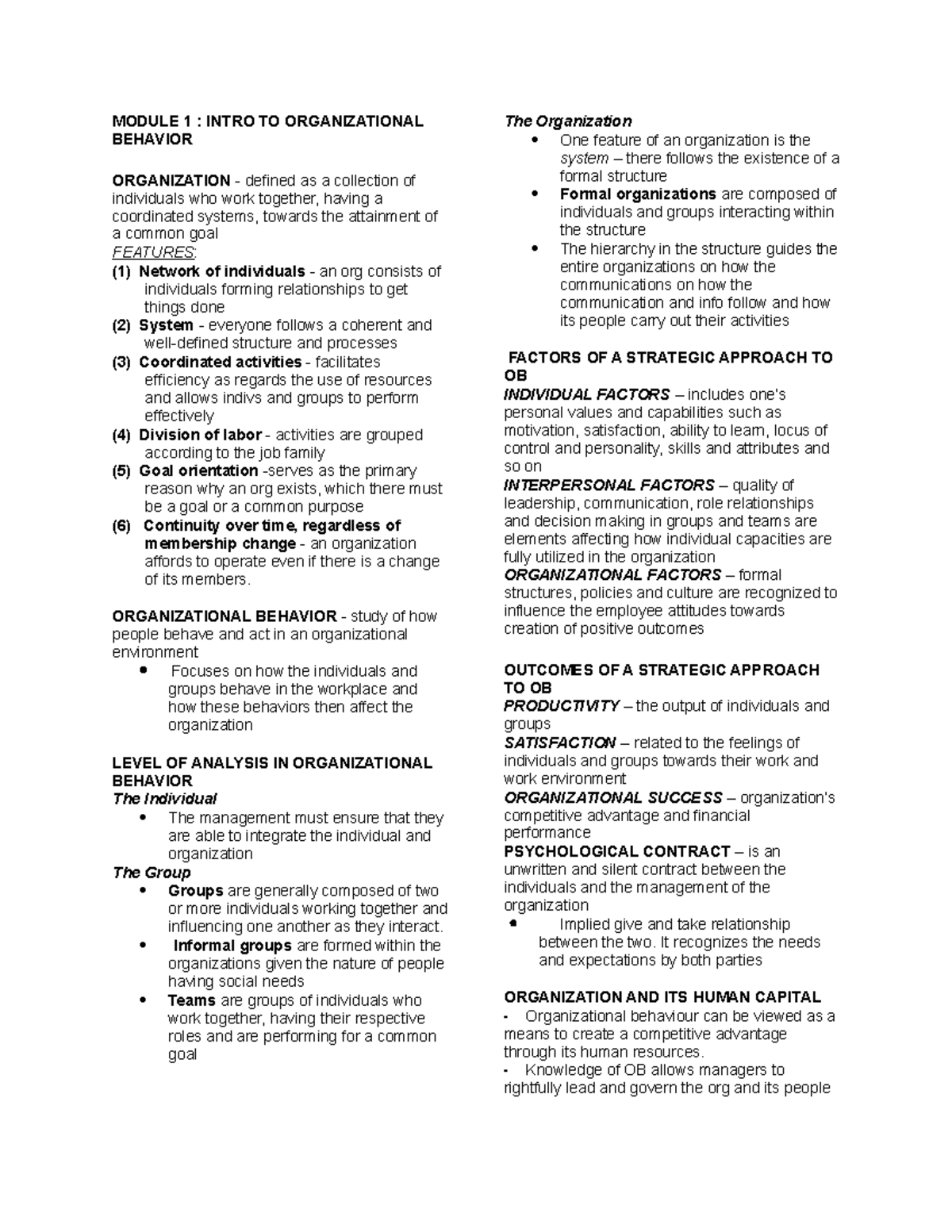 Human Behavior in Organization Reviewer - MODULE 1 : INTRO TO ...