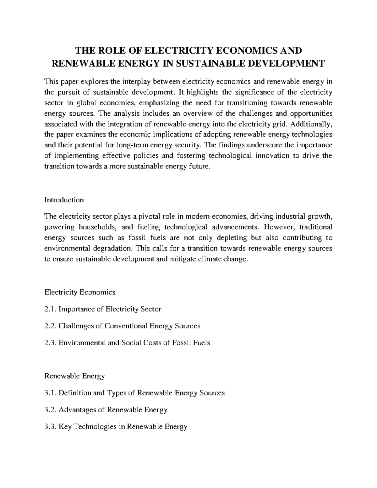 THE ROLE OF Electricity Economics AND Renewable Energy IN Sustainable ...