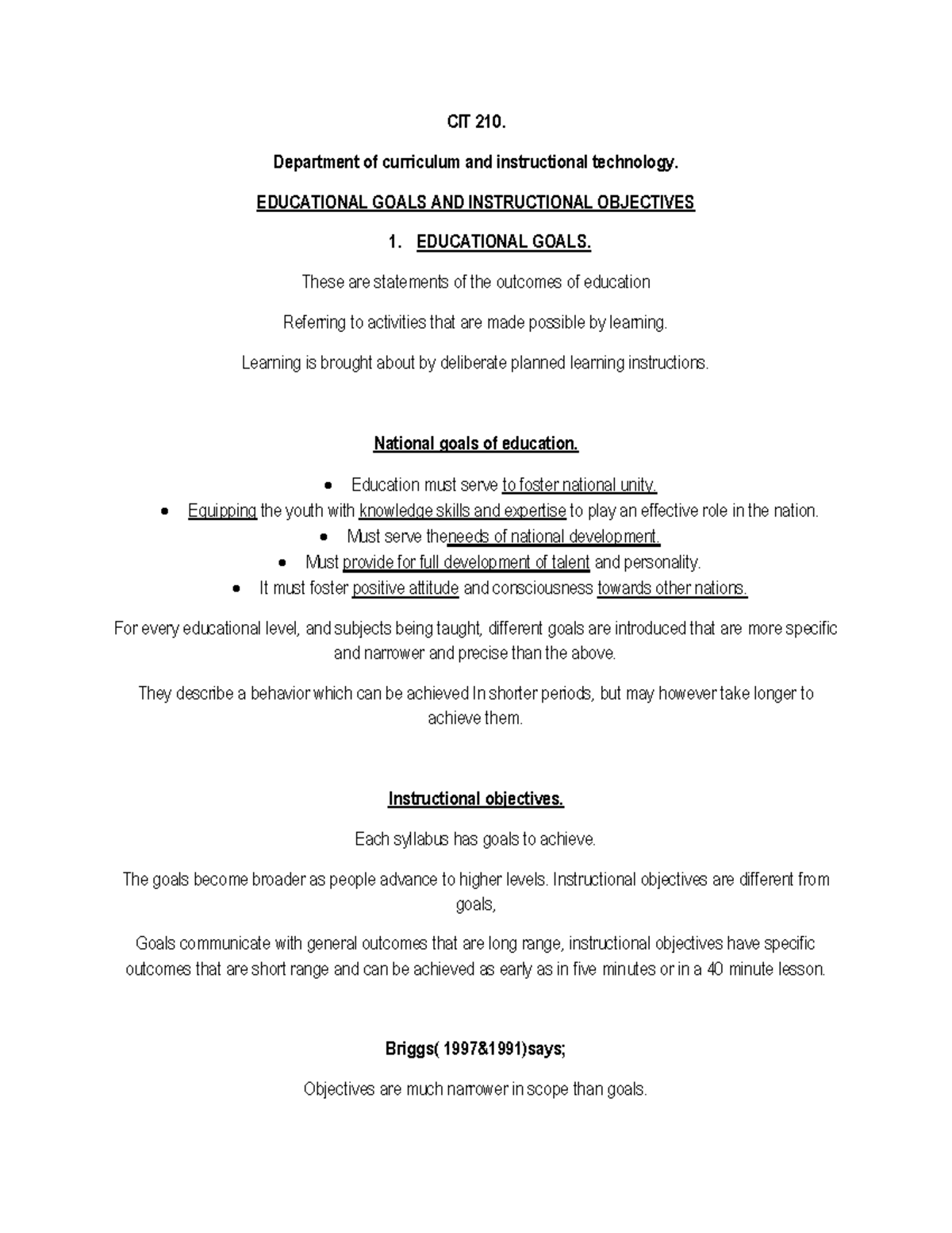CIT 210-1 - CIT 210. Department of curriculum and instructional technology. EDUCATIONAL GOALS ...