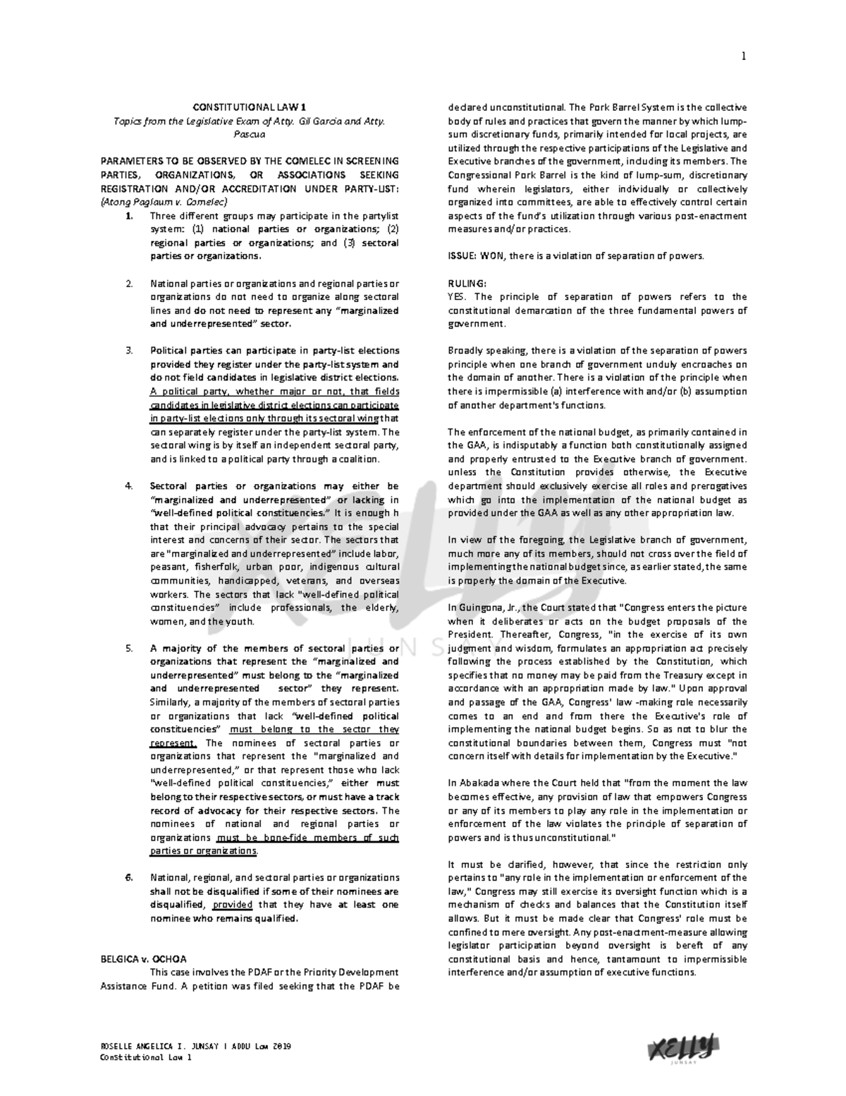 Consti Past Exam Topics 2 - ROSELLE ANGELICA I. JUNSAY | ADDU Law 2019 CONSTITUTIONAL LAW 1 ...
