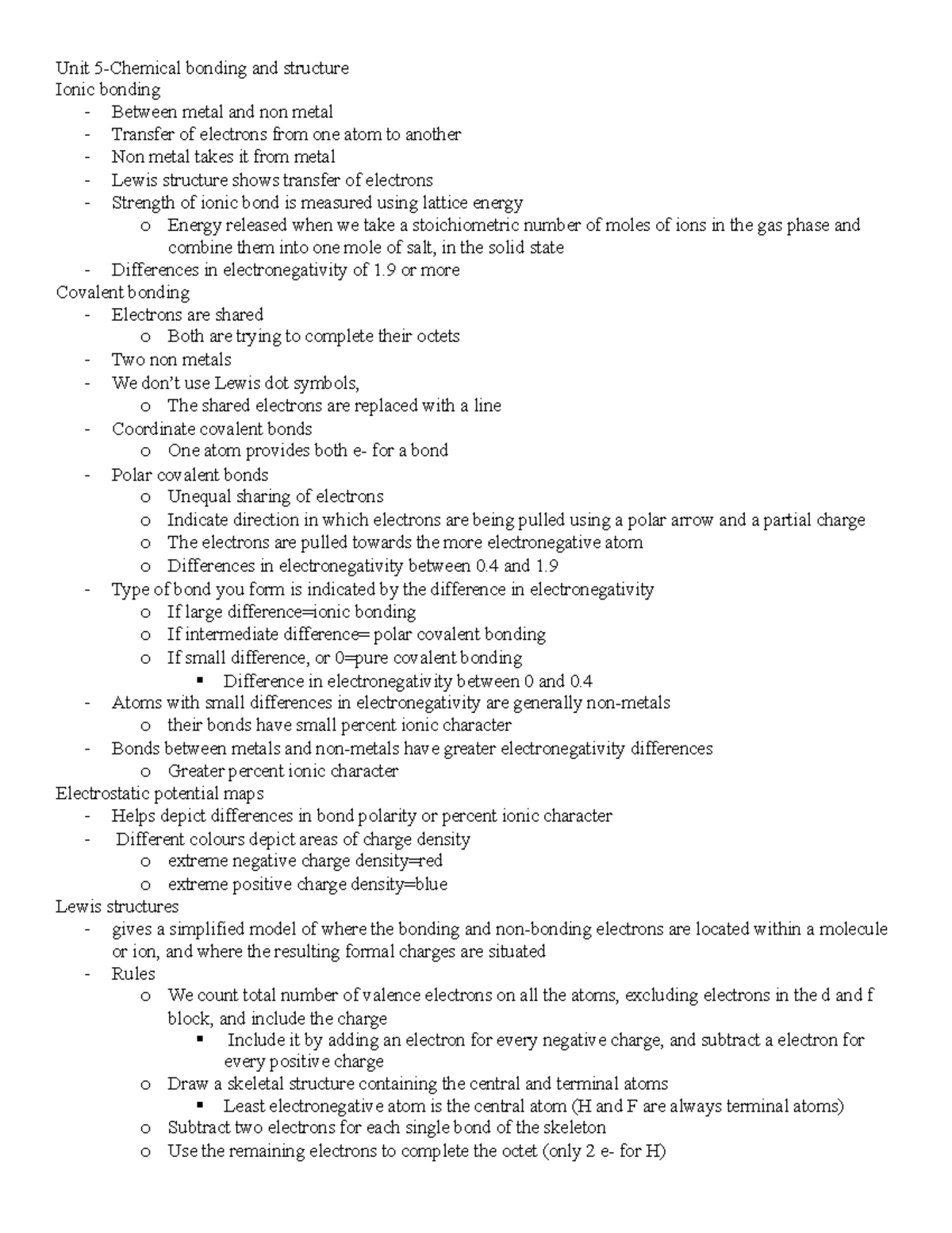 Unit 5 notes-chem 1A03 - chemistry notes - Unit 5-Chemical bonding and ...