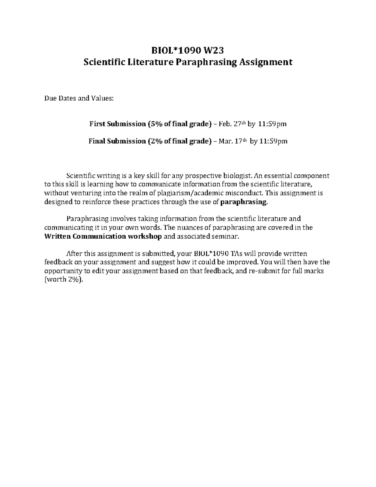 Scientific Literature Paraphrasing Assignment Instructions W23 - BIOL*1090 W Scientific ...