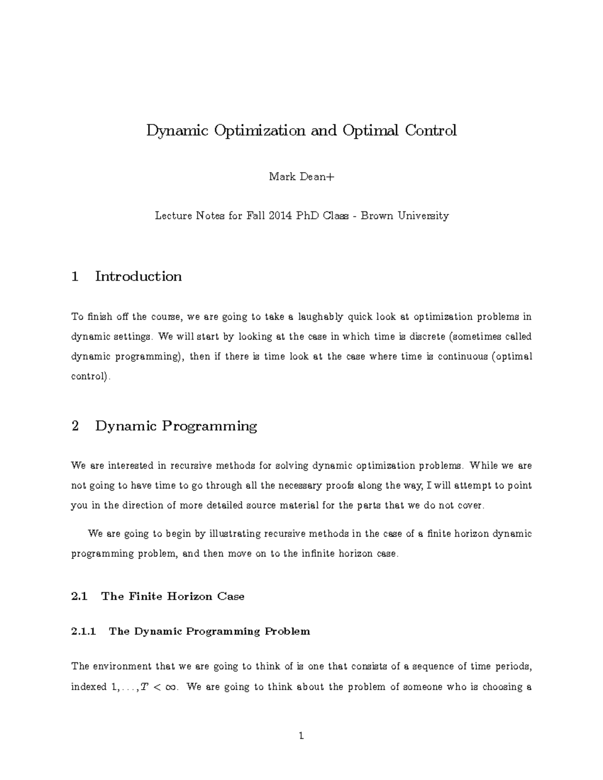 Maths DO 14 - Dynamic Optimization and Optimal Control Mark Dean+ ...