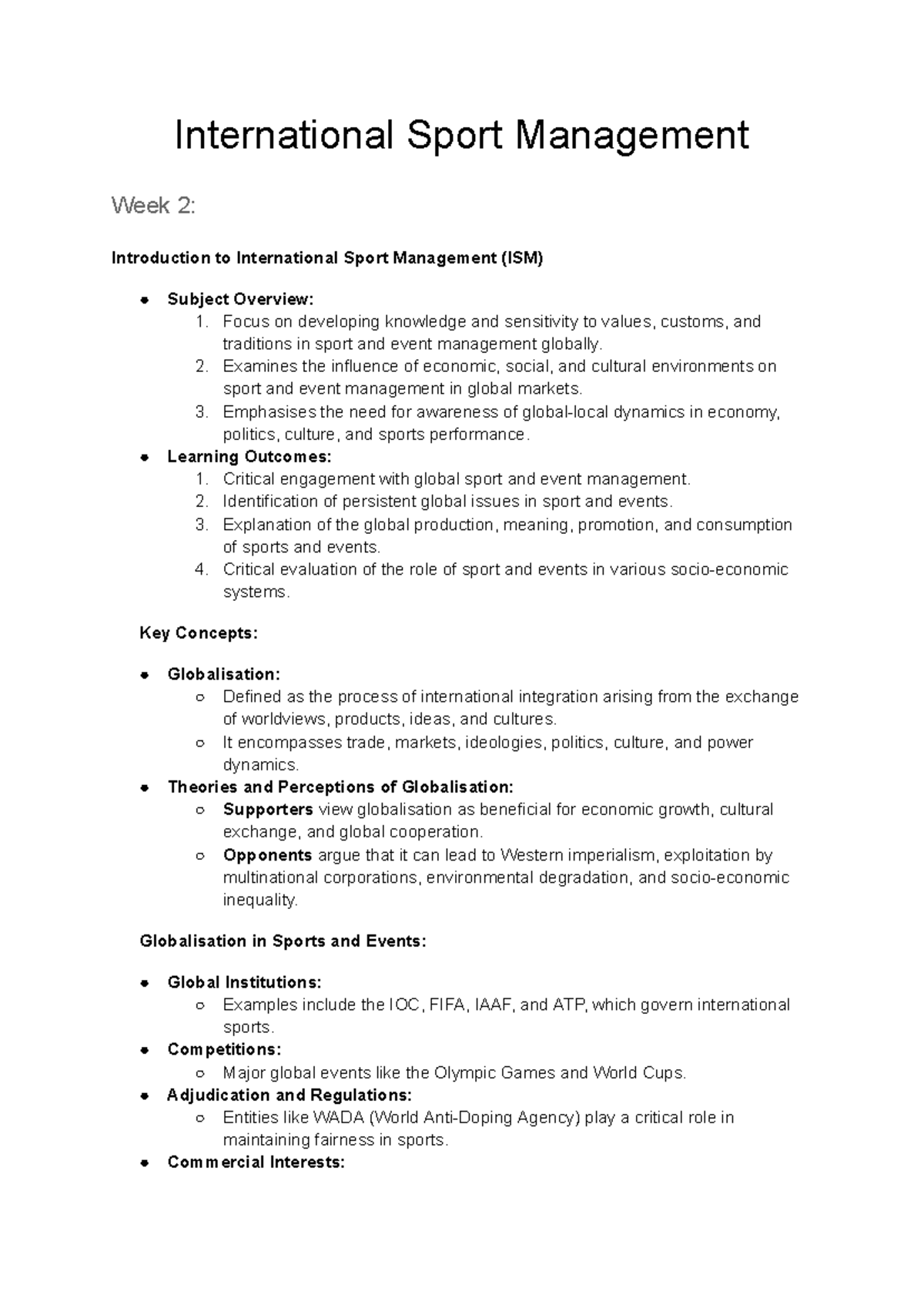 International Sport Management Lecture Notes - International Sport ...