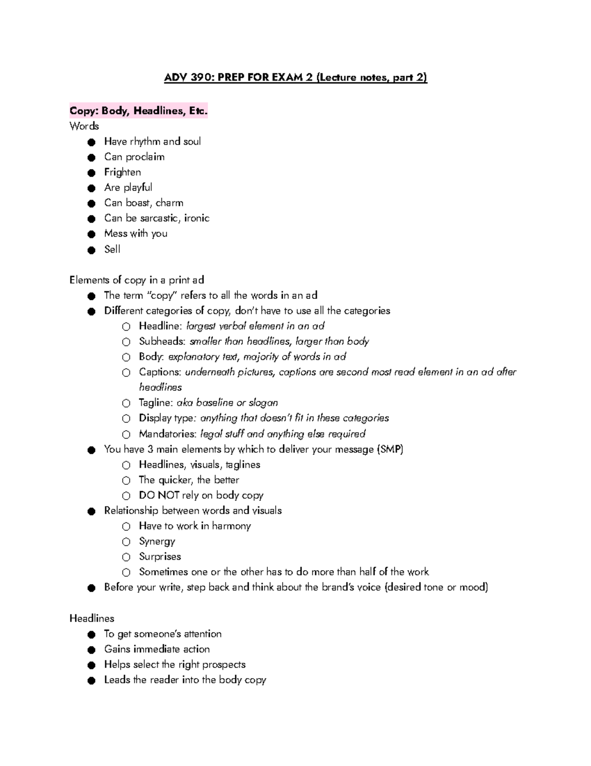 ADV 390 EXAM 2 PREP: Part 2 - ADV 390: PREP FOR EXAM 2 (Lecture notes ...