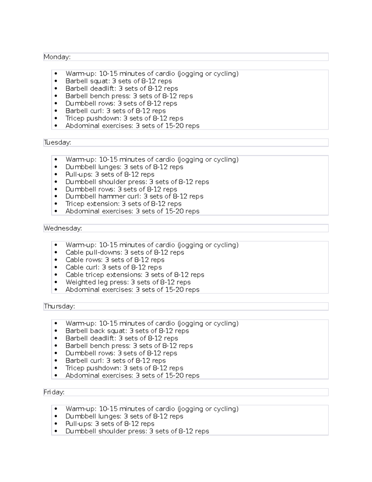 Workout to gain 10 pounds of muscle in 90 days - Monday: Warm-up: 10-15 ...