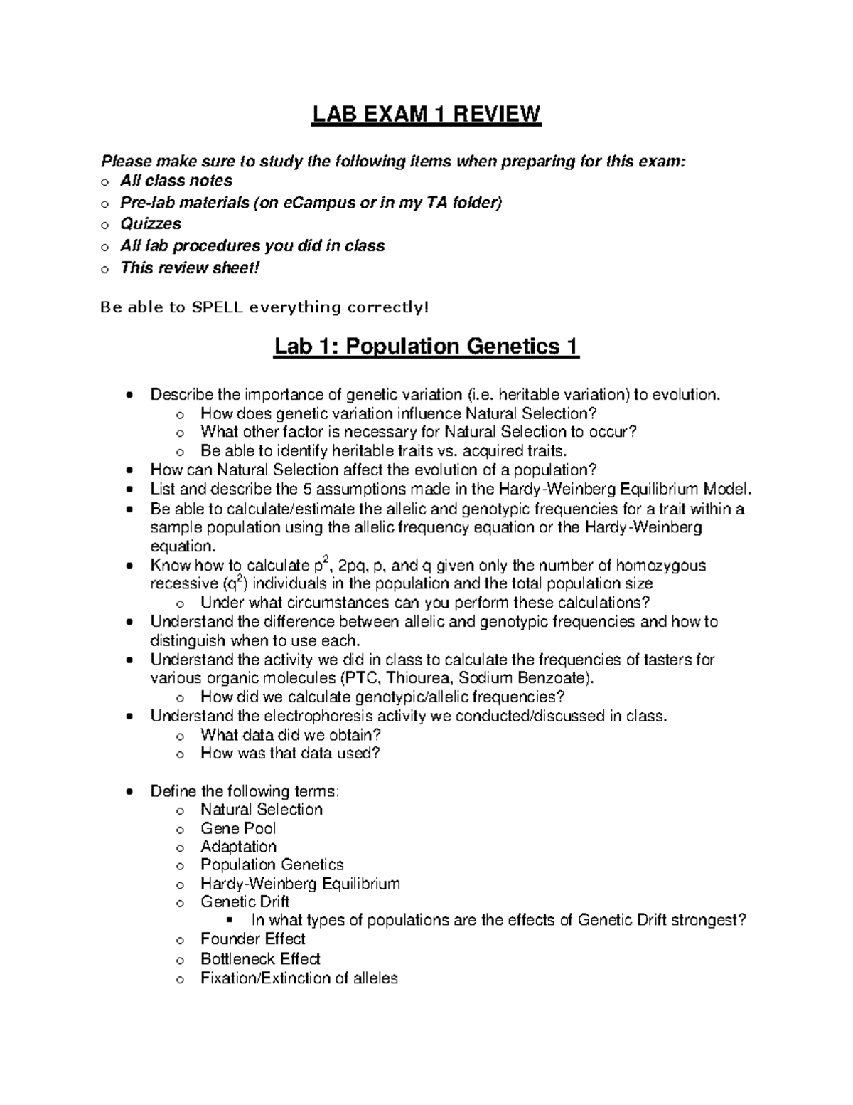 Review for Lab Exam 1 - LAB EXAM 1 REVIEW Please make sure to study the ...