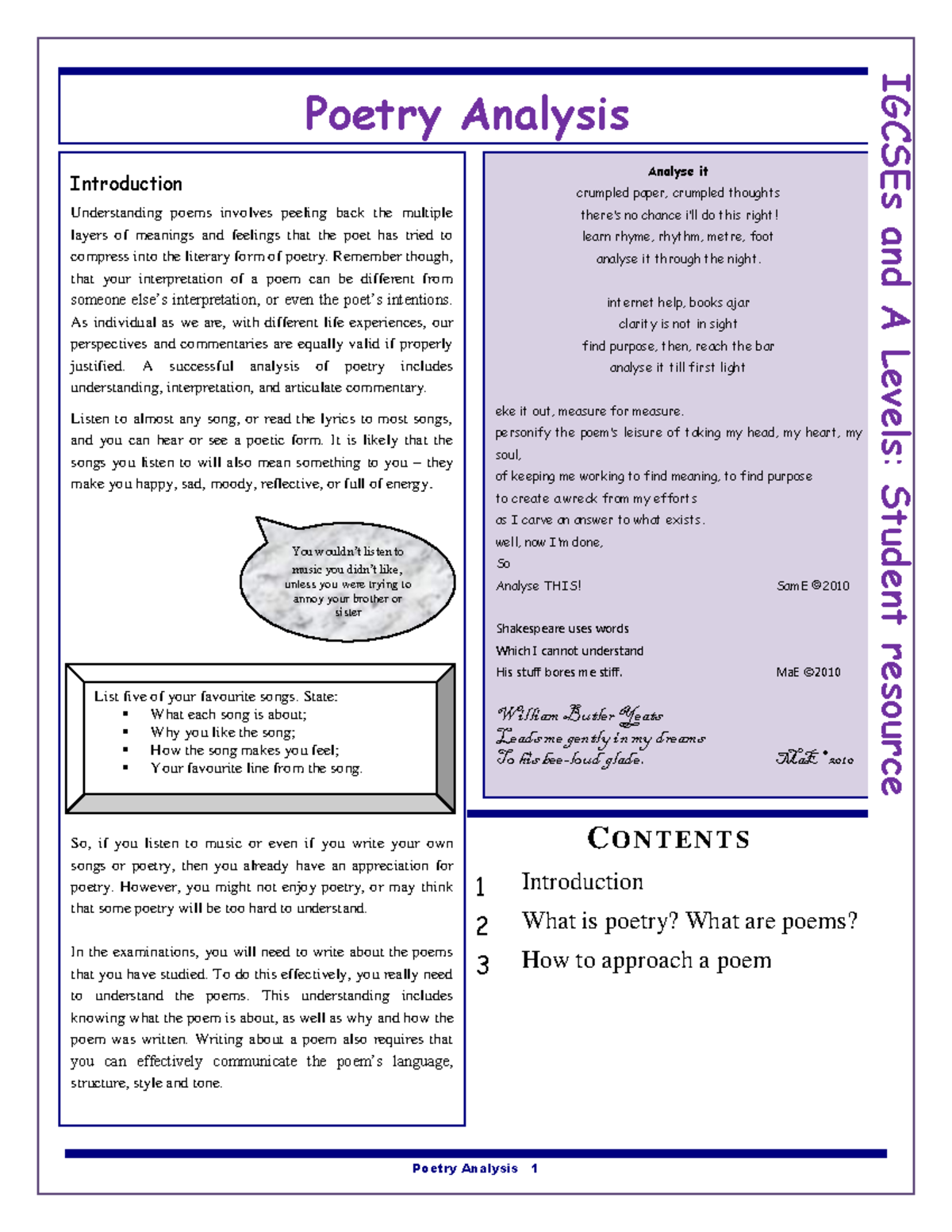 Igcse and a level poetry analysis student resource - Poetry Analysis CO ...