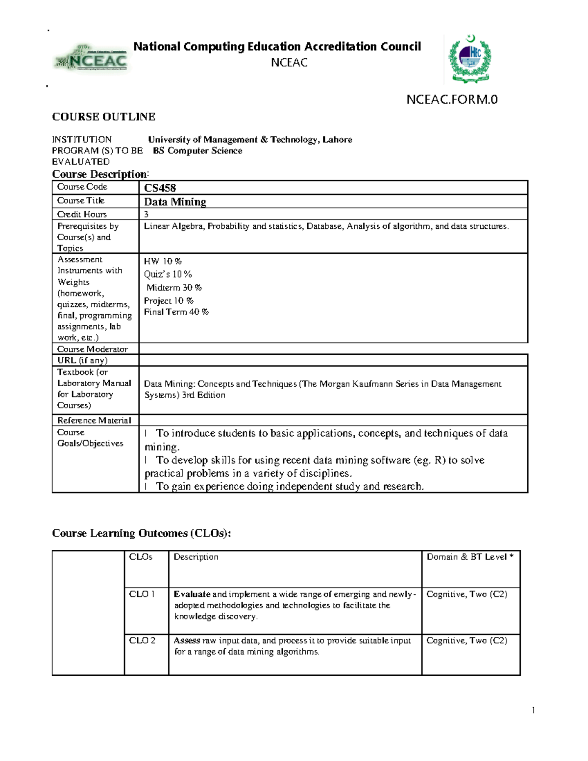 Data mining-OBE-Outline - 1 NCEAC. 01 - D National Computing Education ...