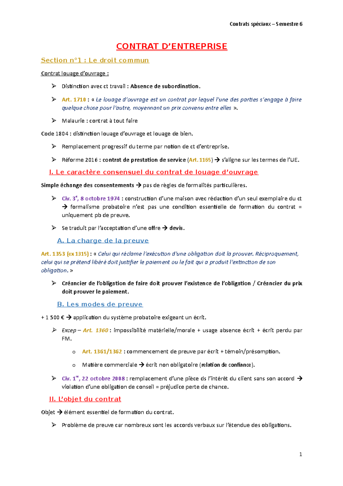 Fiche - Le contrat d'entreprise - CONTRAT D’ENTREPRISE Section n°1 : Le ...