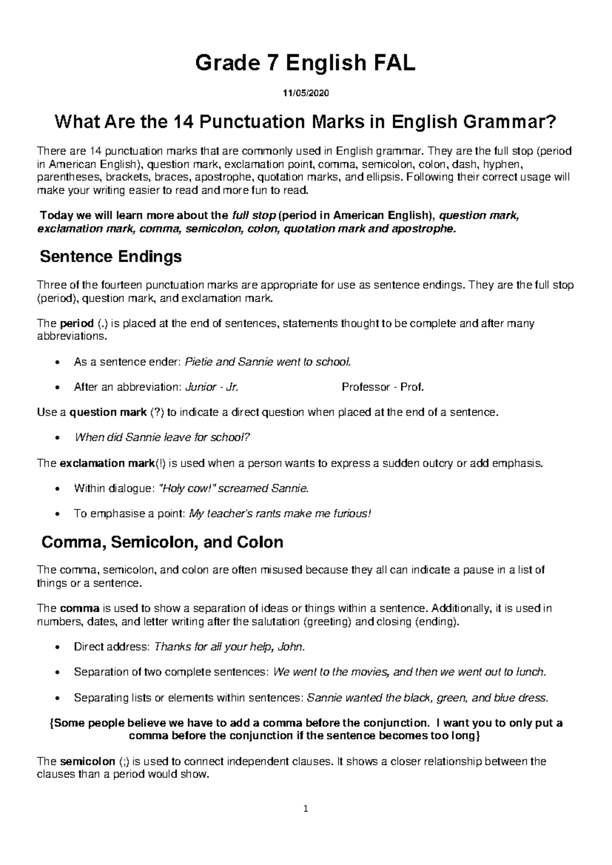 Punctuation Lesson Plan And Activity 1 Grade 7 English Fal 11 05 What Are The 14 Punctuation