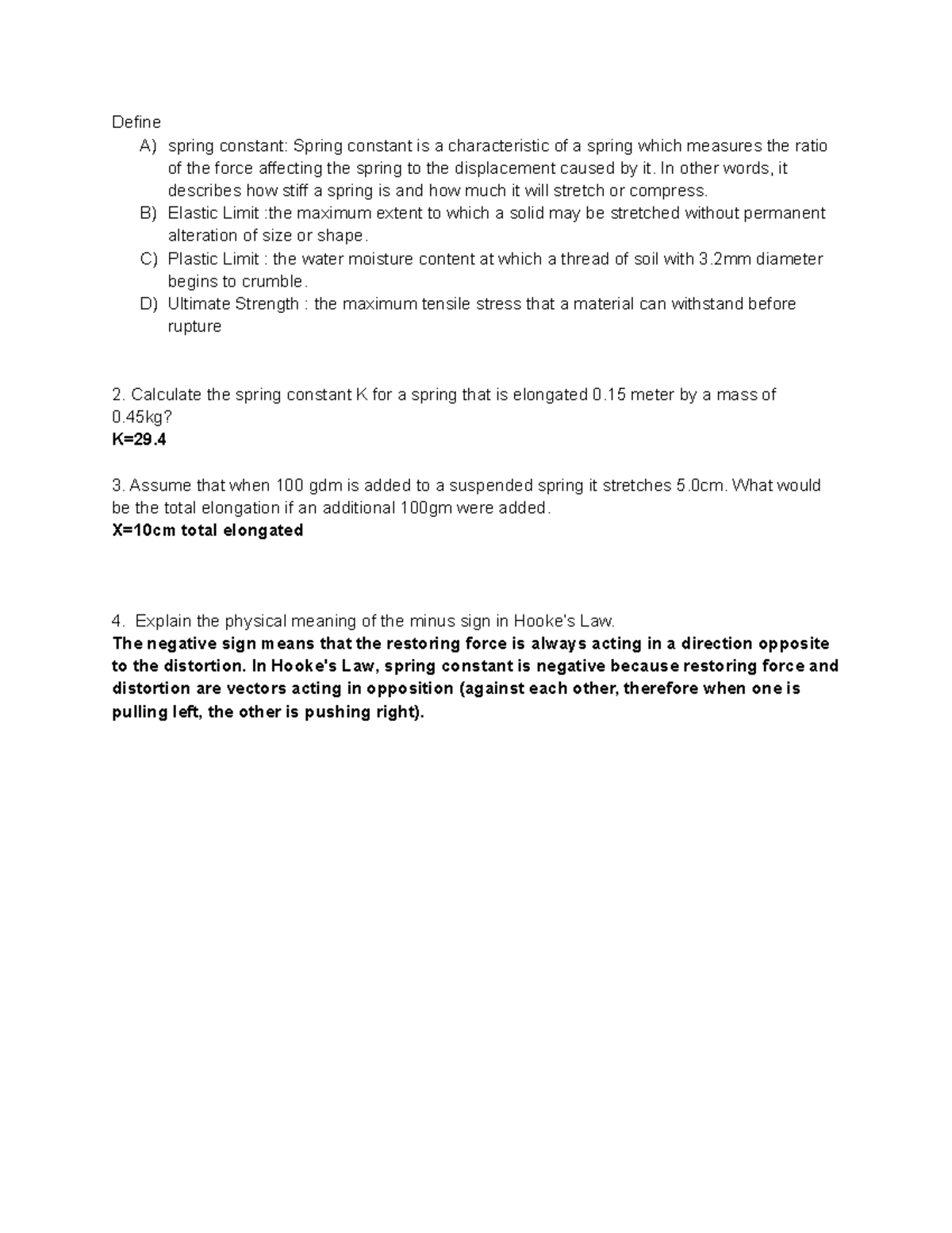 Hookes Law Questions - Paper - Define A) spring constant: Spring ...