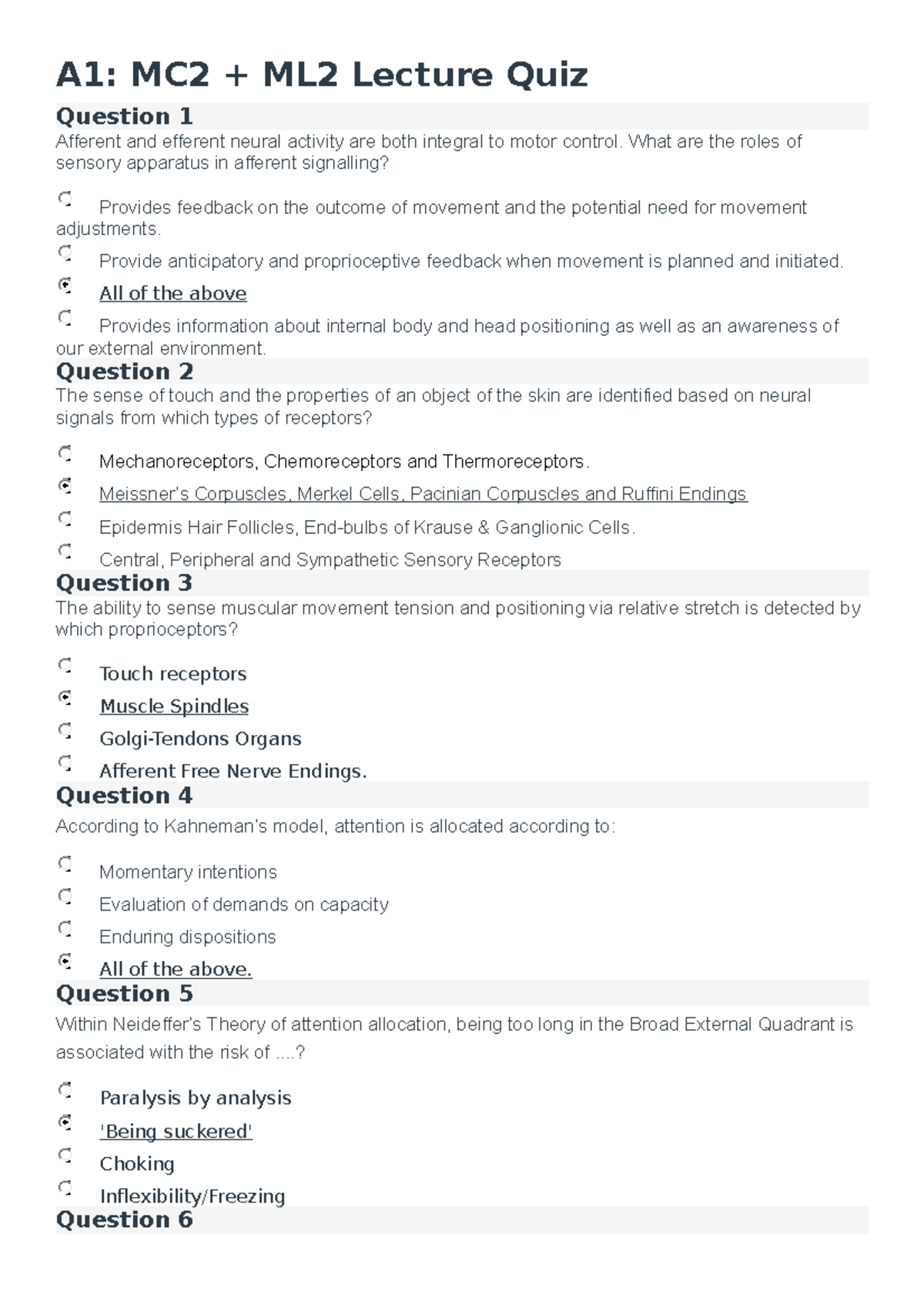EXSS3062 quiz with answer underlined and box for ticking - A1: MC2 ...