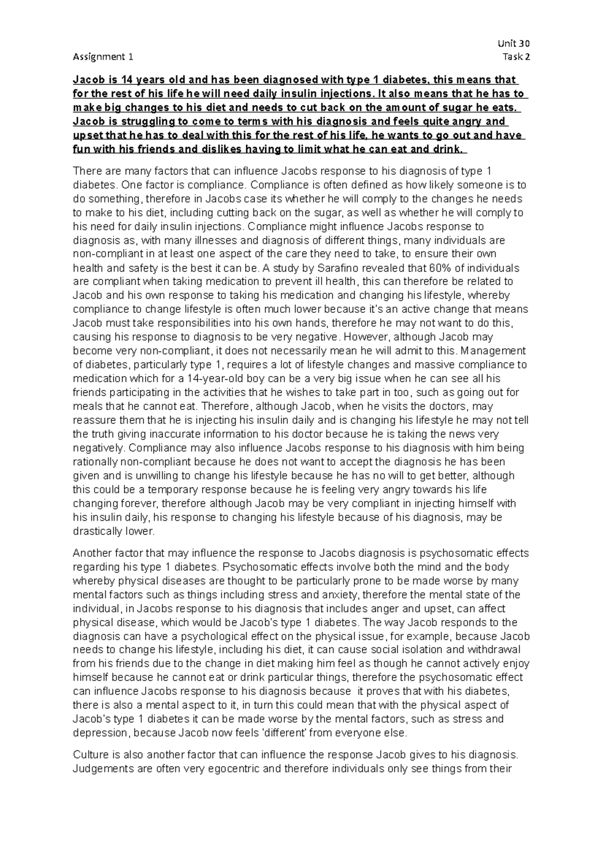 Assignment 1 task 2 HP - Unit 30 Assignment 1 Task 2 Jacob is 14 years old and has been ...