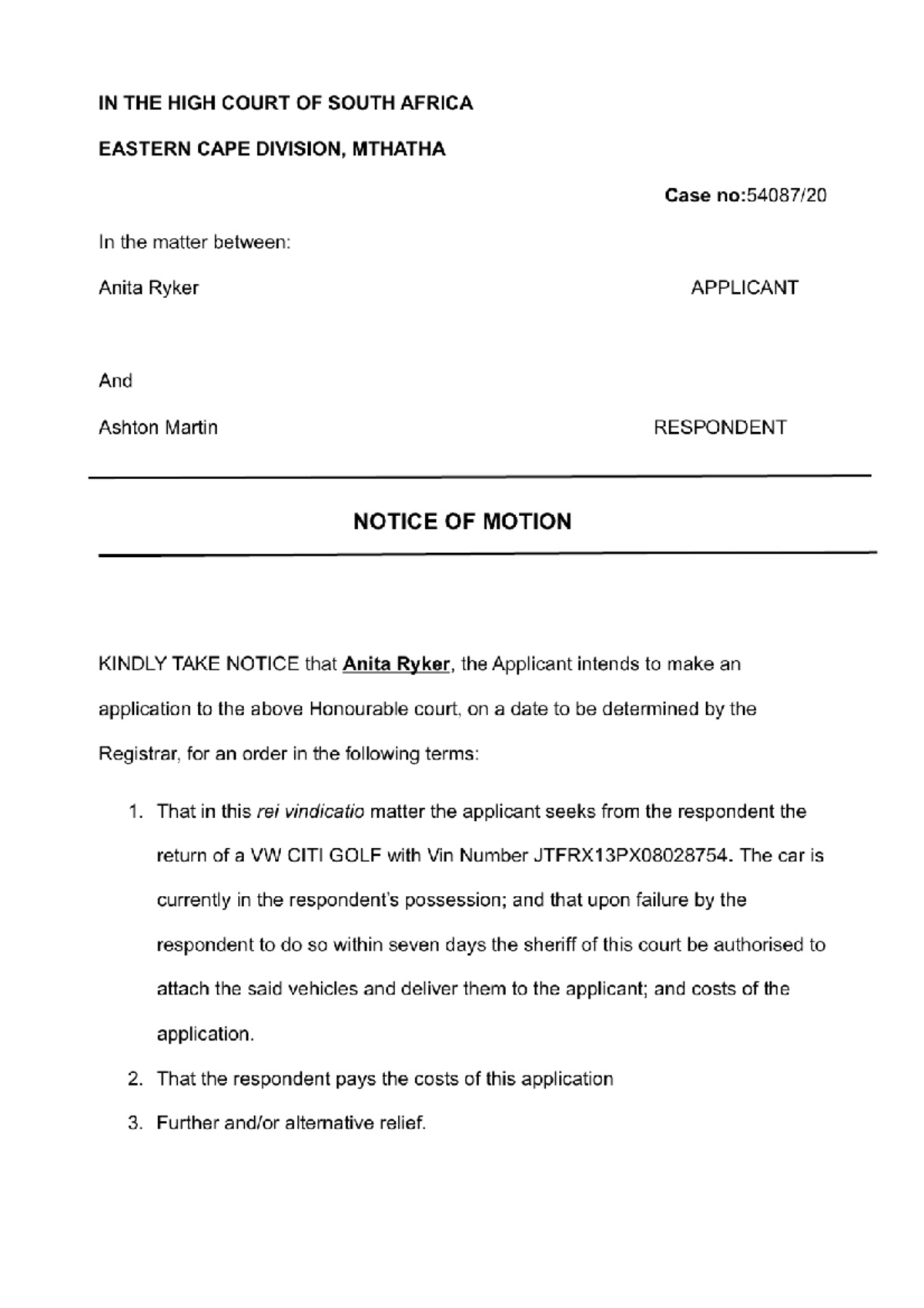 Notice of Motion pdf - Ryker v Martin - LLB 98680 - Studocu