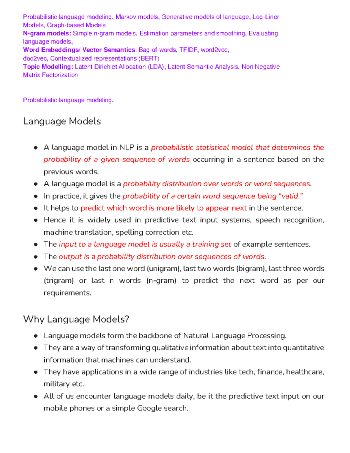 NLP Unit 3 Notes - Probabilistic language modeling, Markov models ...