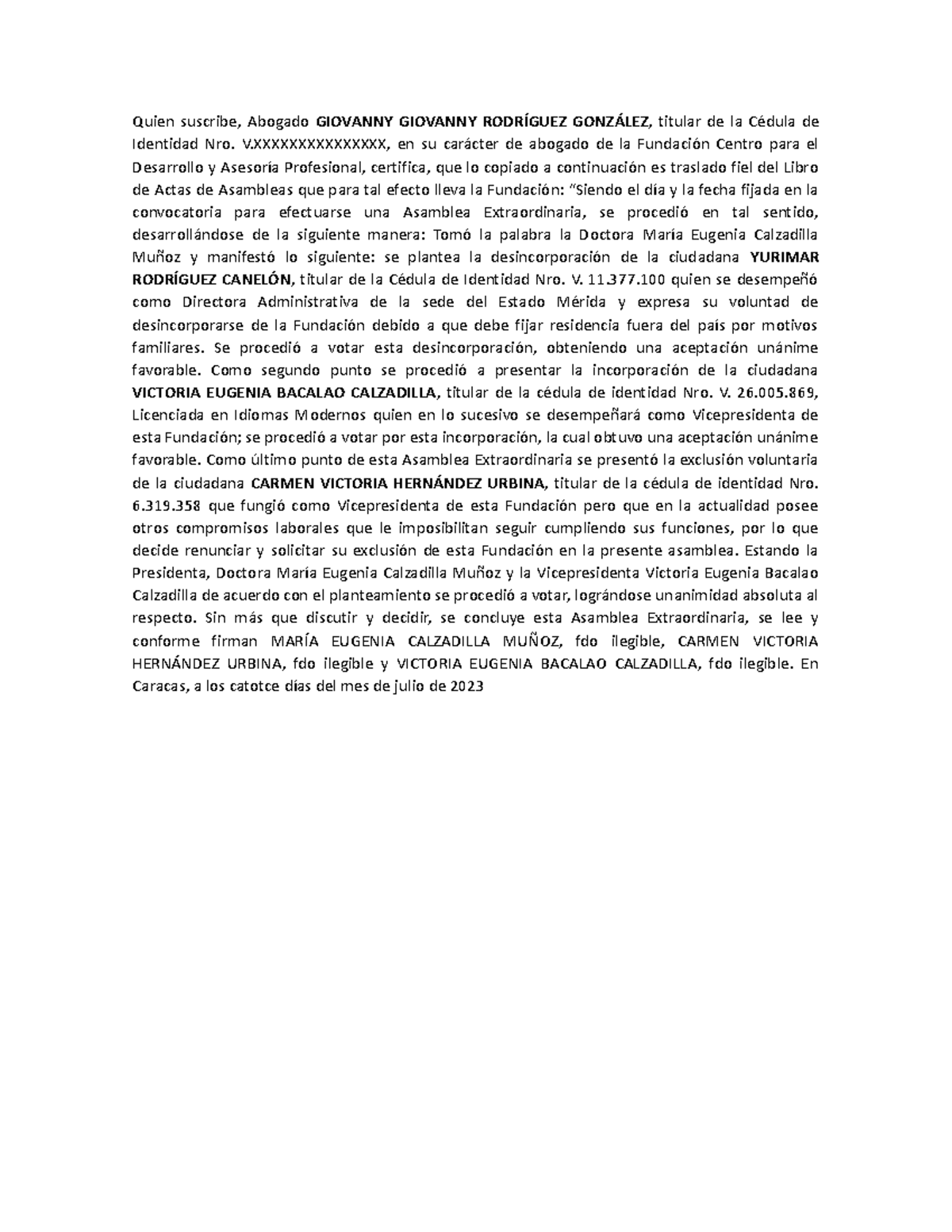 Acta Fundacedeap - modelo de redacción de acta - Quien suscribe, Abogado GIOVANNY GIOVANNY ...