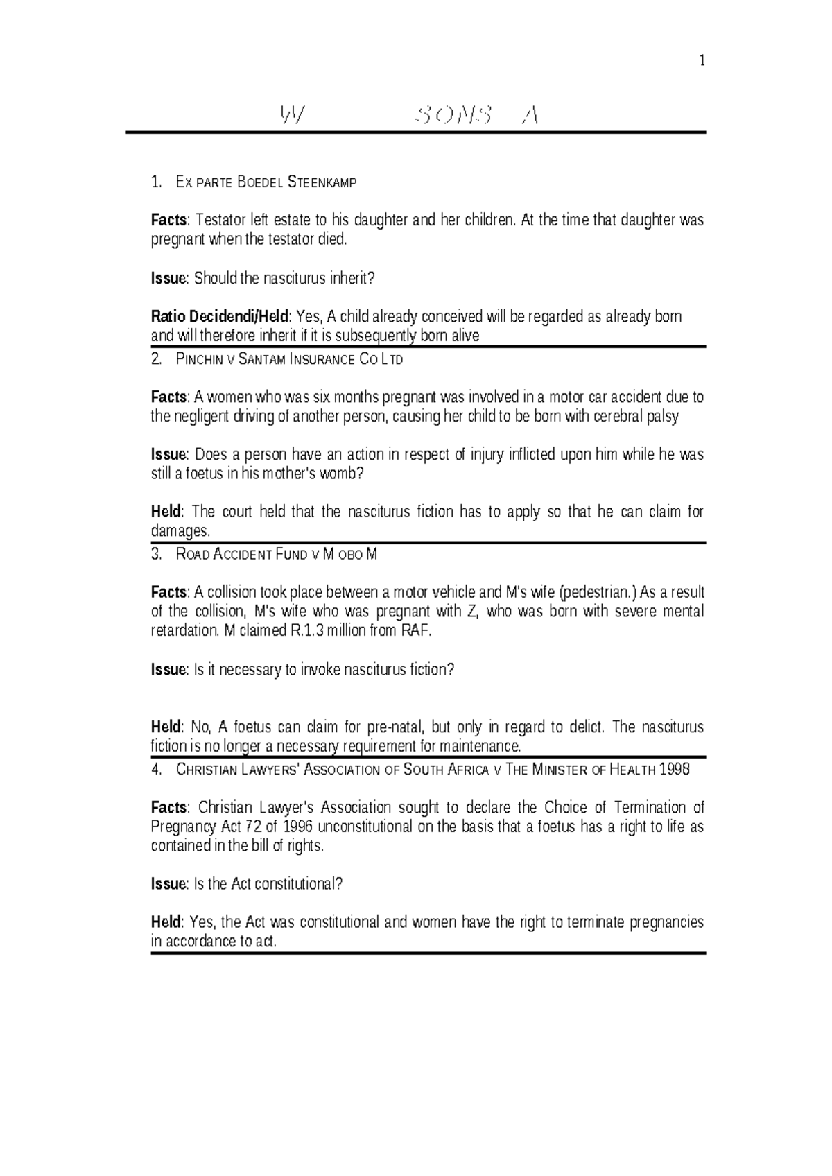 PVL1501 Law of Persons Cases 2 - LAW OF PERSONS CASESLAW OF PERSONS ...