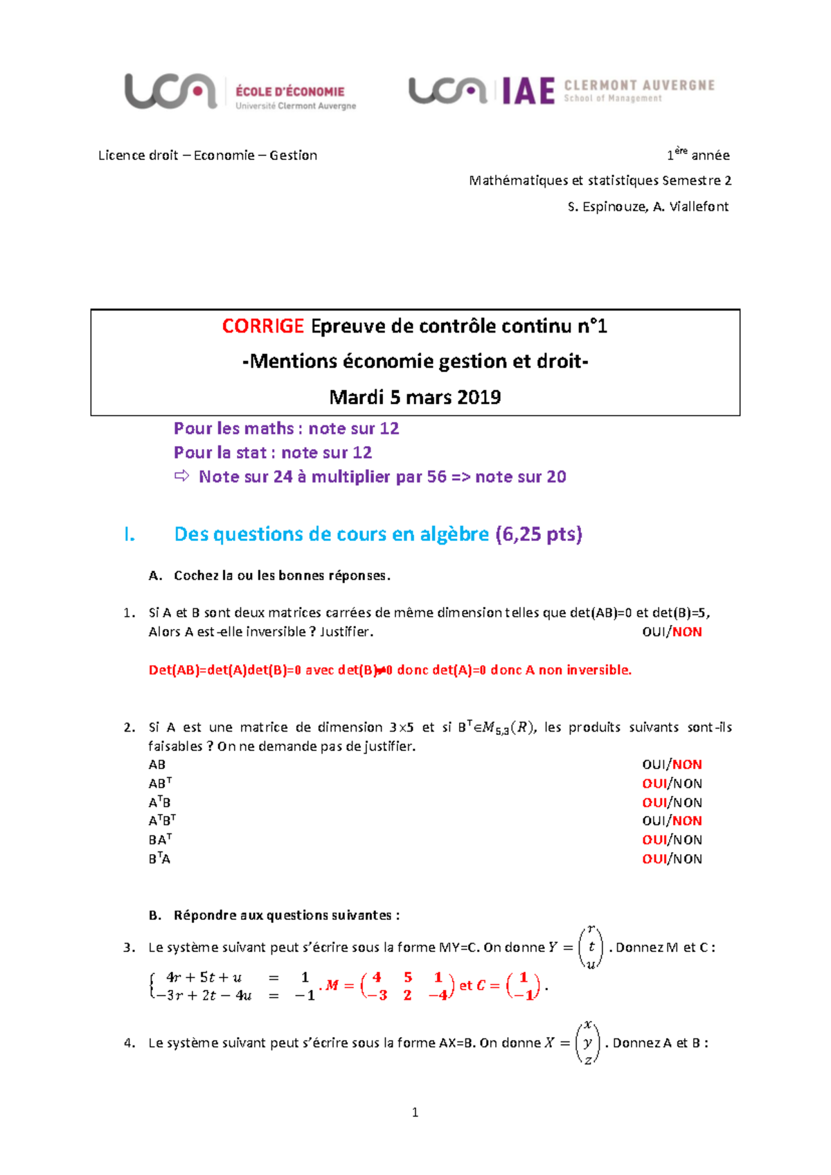 CC1 mars19 - Corrige Seul - Licence droit – Economie – Gestion 1 ère année Mathématiques et ...