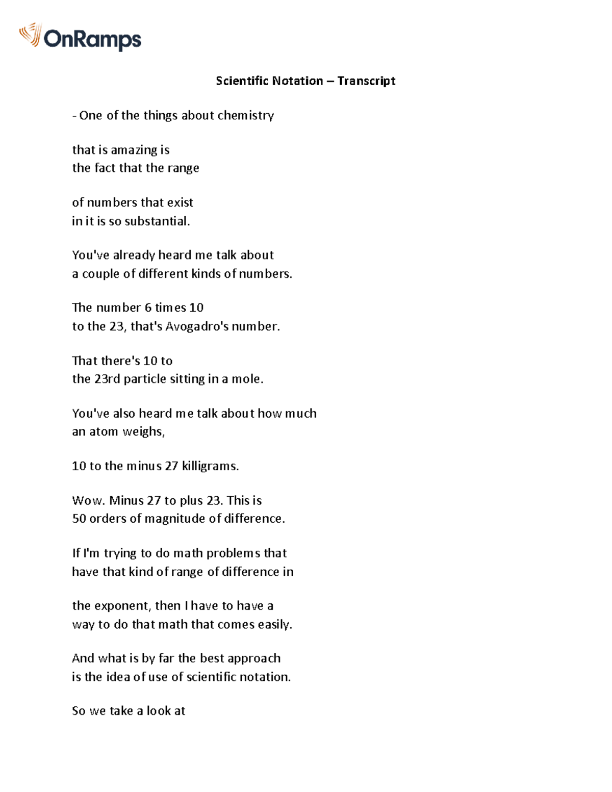 Scientific Notation – Transcript - Scientific Notation – Transcript One ...