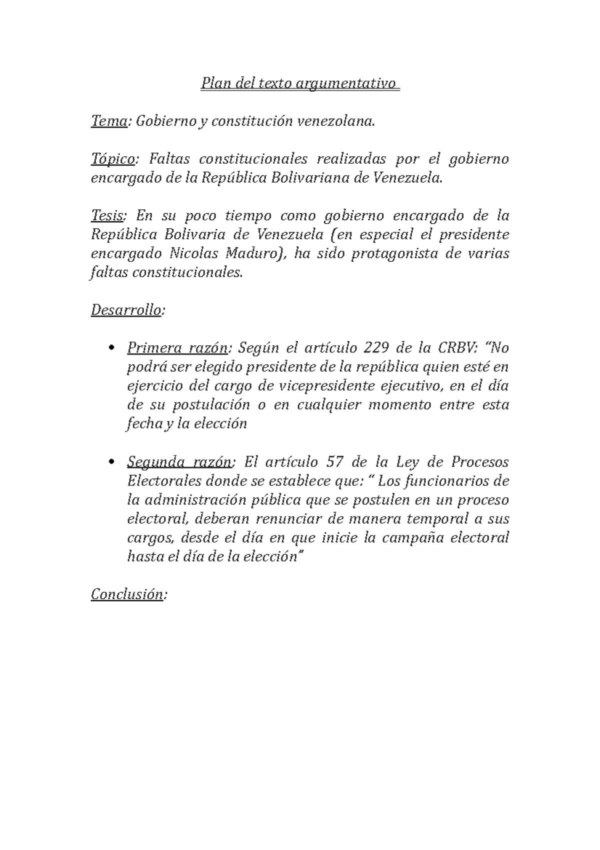 Plan de texto argumentativo - Plan del texto argumentativo Tema ...
