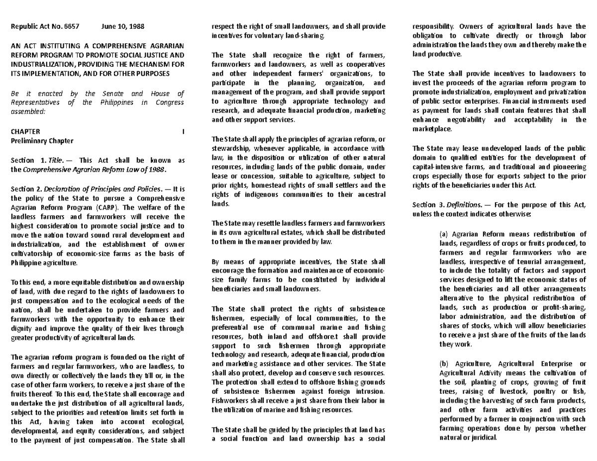Republic Act No 6657 Agrarian Reform Republic Act No 6657 June 10