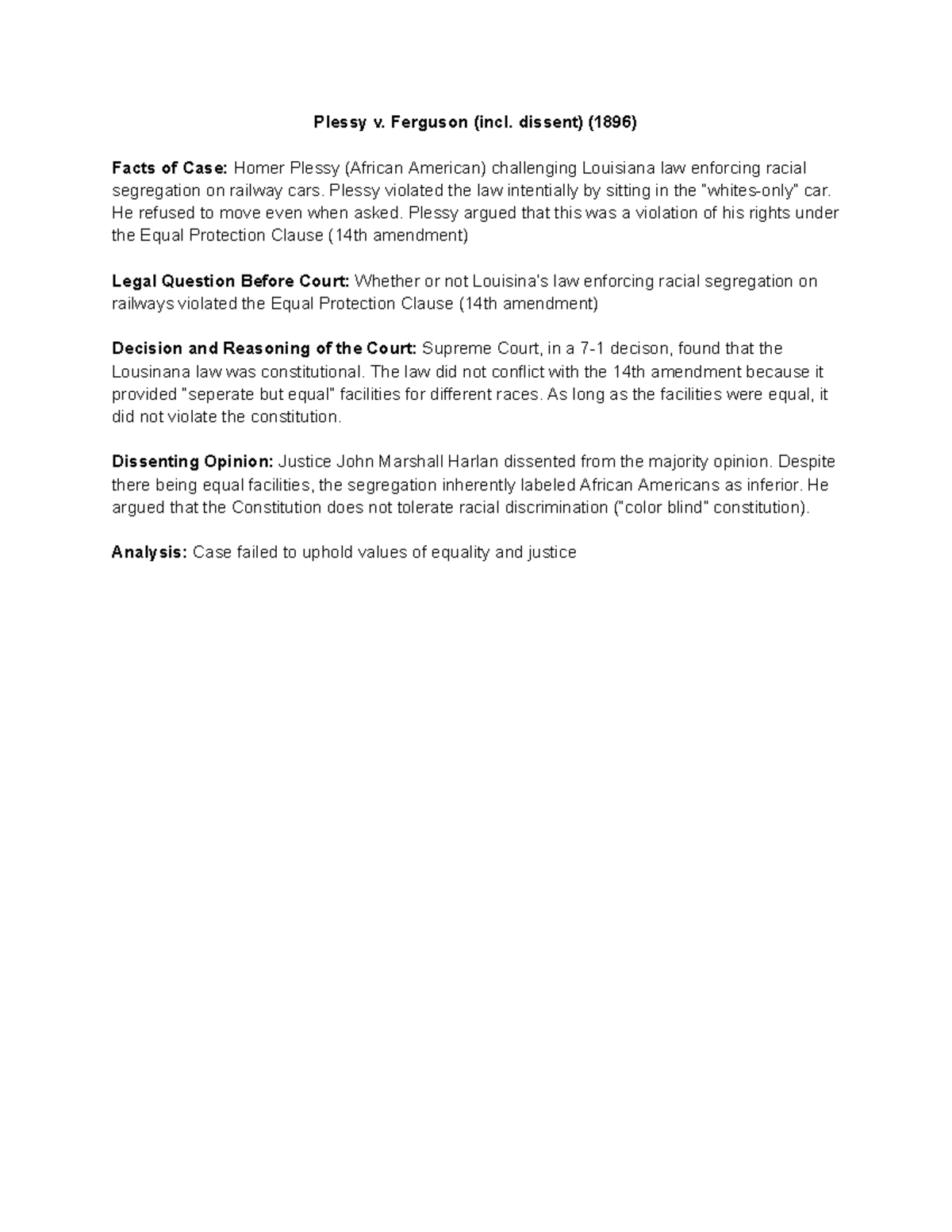 Case Briefs 1 - Summary Law, Business & Society - Plessy v. Ferguson ...