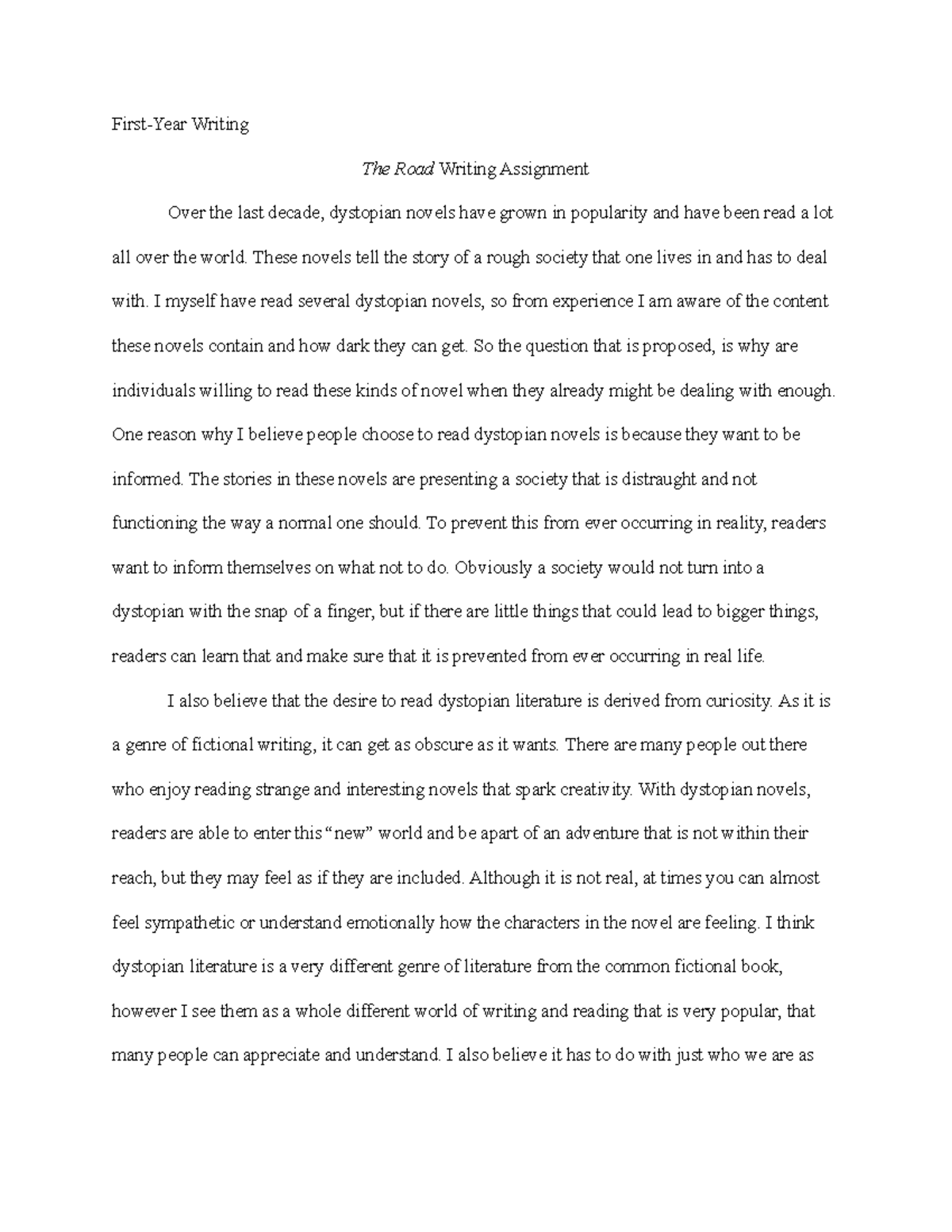 The Road Writing Assignment - First-Year Writing The Road Writing ...