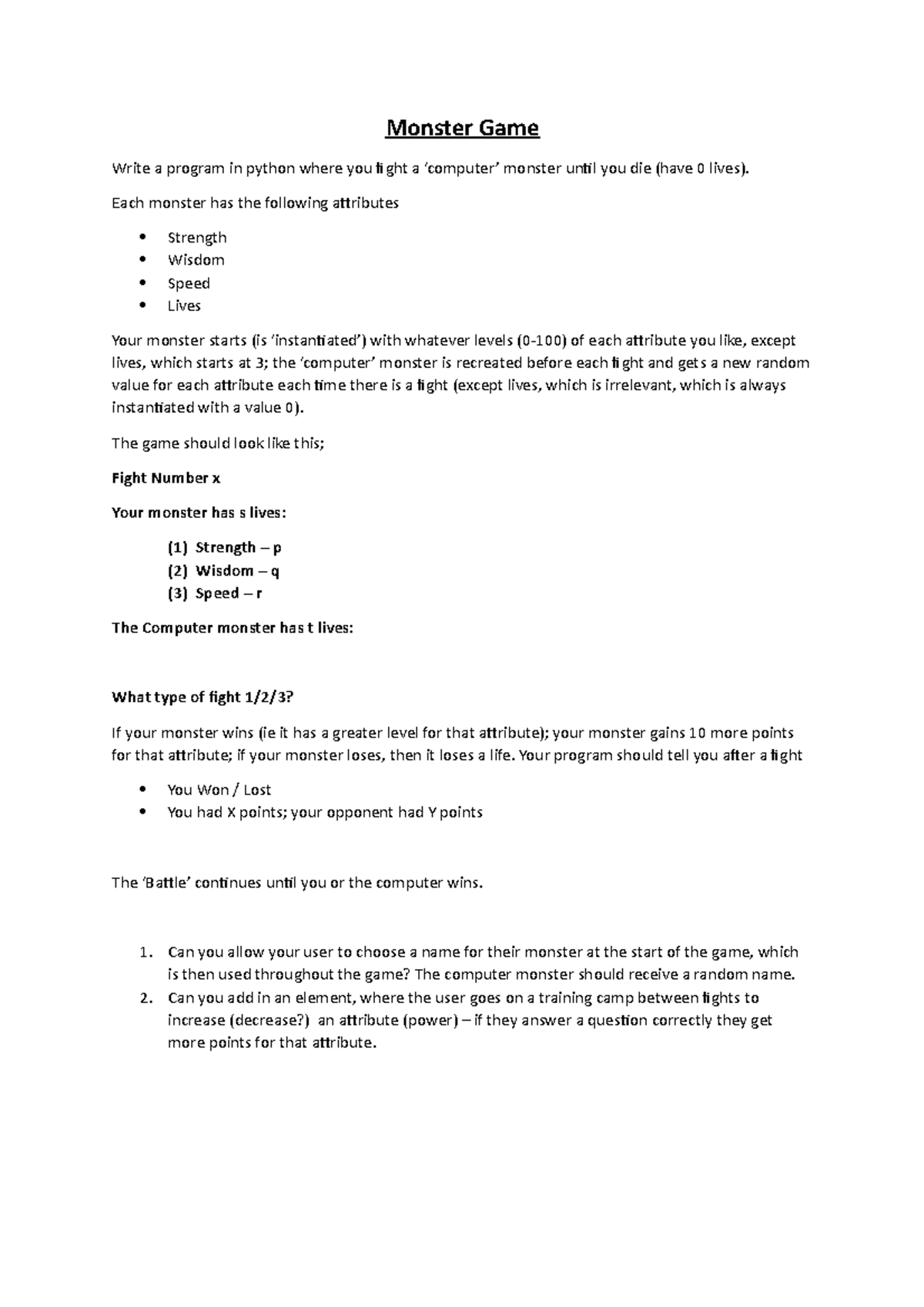 Monster Game OOPS - descriptipn - Monster Game Write a program in ...